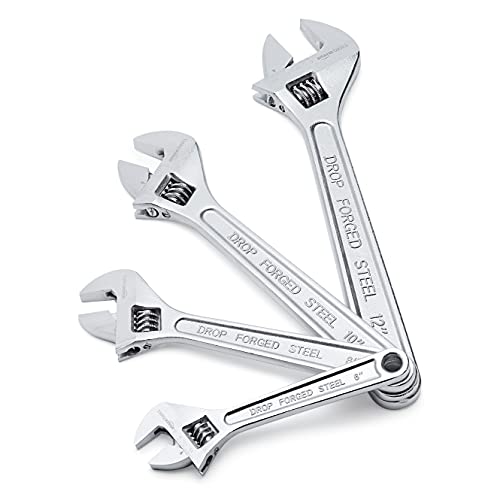 Amazon Basics 4-Piece Chrome-Plated Adjustable Wrench with Inch/Metric Scale, Includes: 6-Inch (152mm), 8-Inch (203mm), 10-Inch (254mm), 12-Inch (305mm)