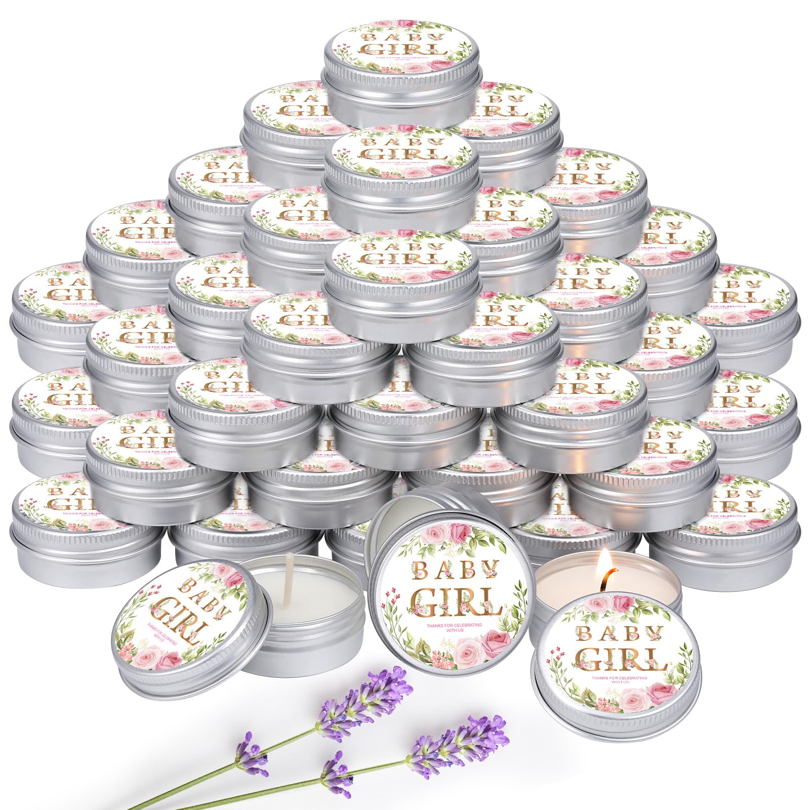 MTLEE 50 Pcs Baby Shower Scented Candles Gift Travel Tin Candle Aromatherapy Candle Favors for Winter Baby Shower Favors Wedding Gifts, Compound Scent Essential Oil(Baby Girl)