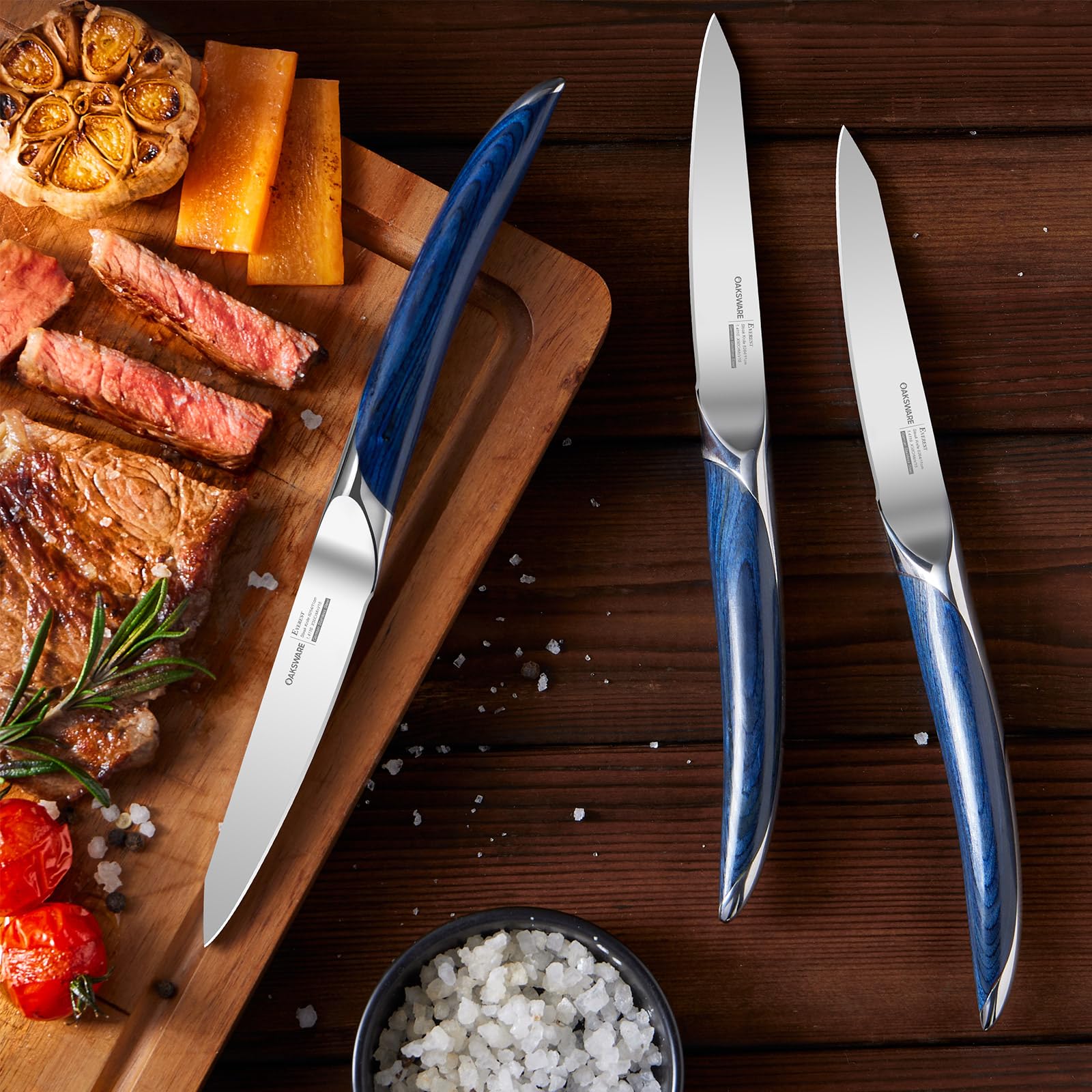 OAKSWARE Non Serrated Steak Knives Set of 8, 5 Inch German High Carbon Steel Steak Knife for Kitchen, Sharp Knives with Full-Tang Ergonomic Handle, Rust Resistant & Easy to Maintain, Blue
