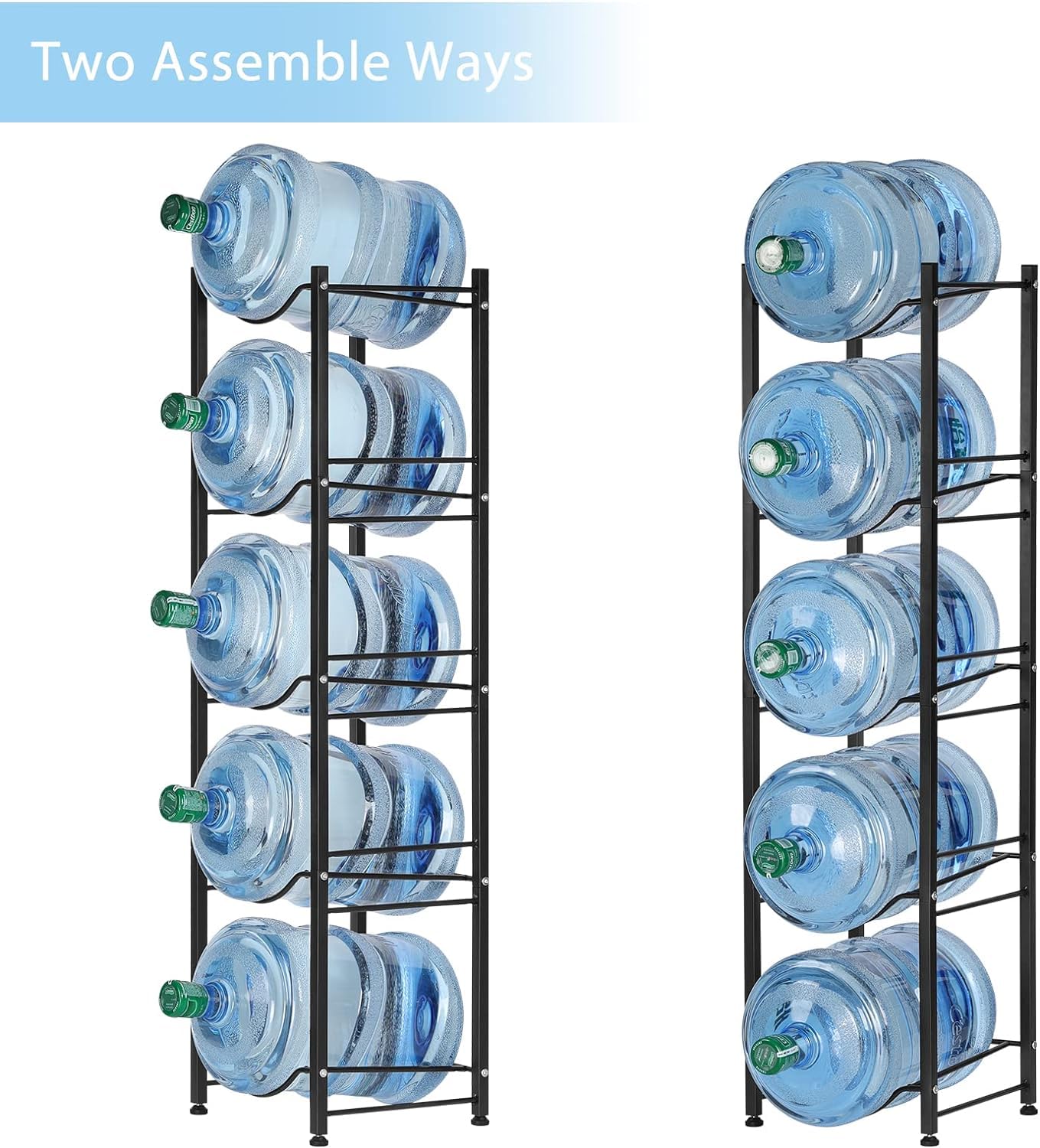 HEOMU 5 Gallon Water Jug Rack, 5-Tier Water Bottle Holder Storage Rack, Water Jug Organizer for Kitchen, Office, Garage, Black