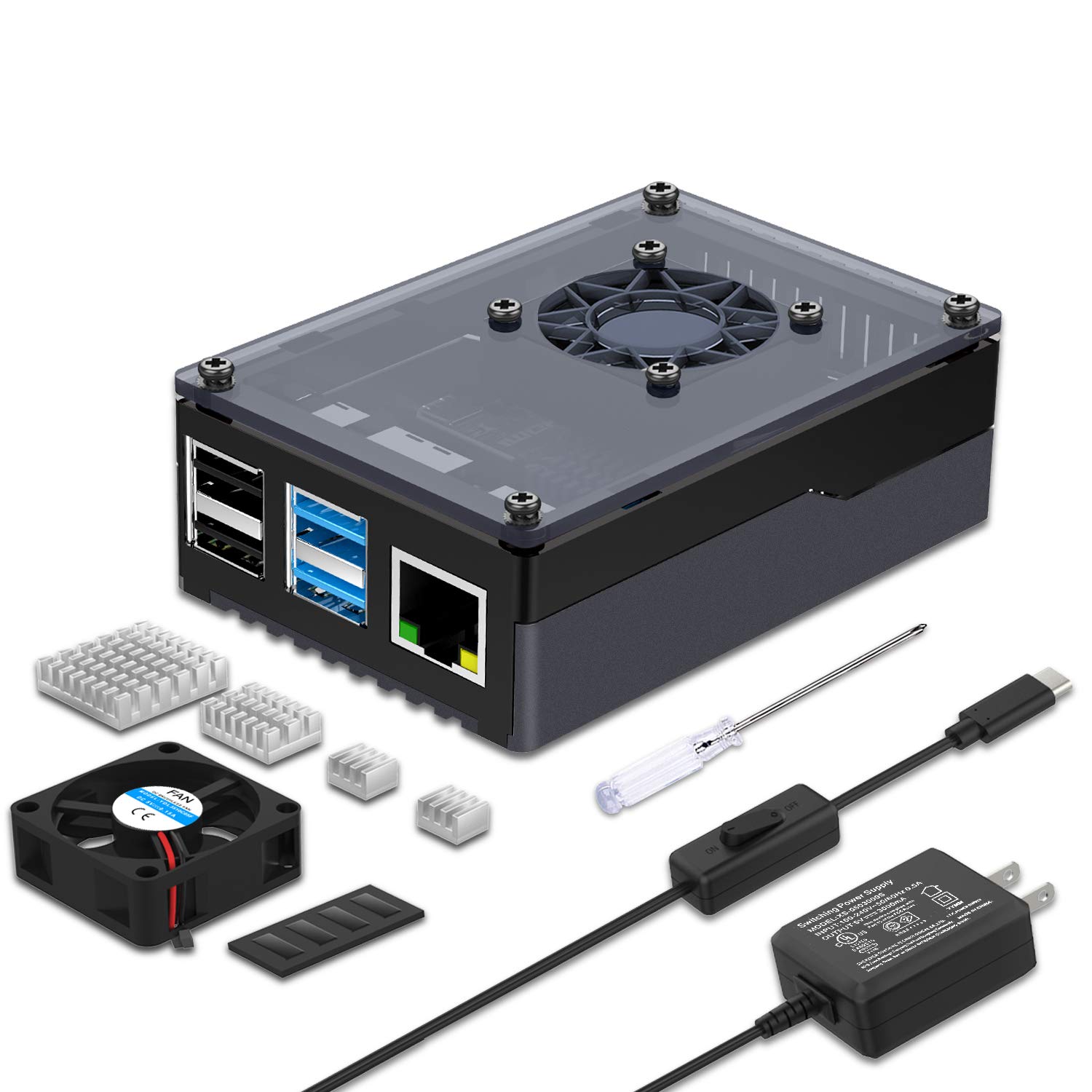 Smraza Case for Raspberry Pi 4, Acrylic Case for Raspberry Pi 4B with Cooling Fan 35mm, 4pcs Heatsinks, 5V 3A Power Supply for Raspberry Pi 4 Model B, RPI 4 8GB/4GB/2GB(The Board Not Included)