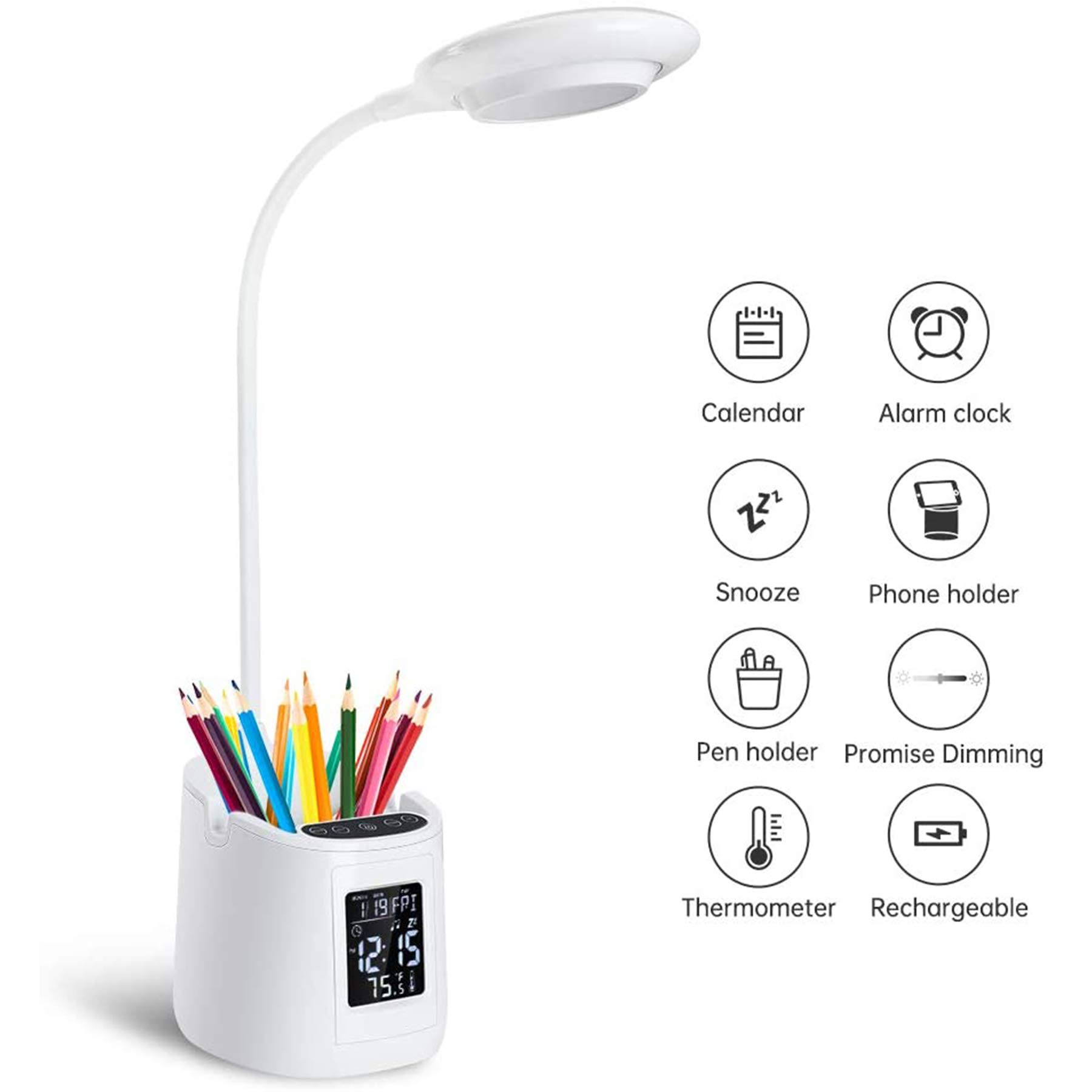 KKUYI LED Desk Lamp with Pencil Holder, Kids Desk Lamp with Clock, 3 Brightness Boys Lamp with Organizer Dimmable Table Lamp for Teens, Rechargeable Study Lamp for Home and Office