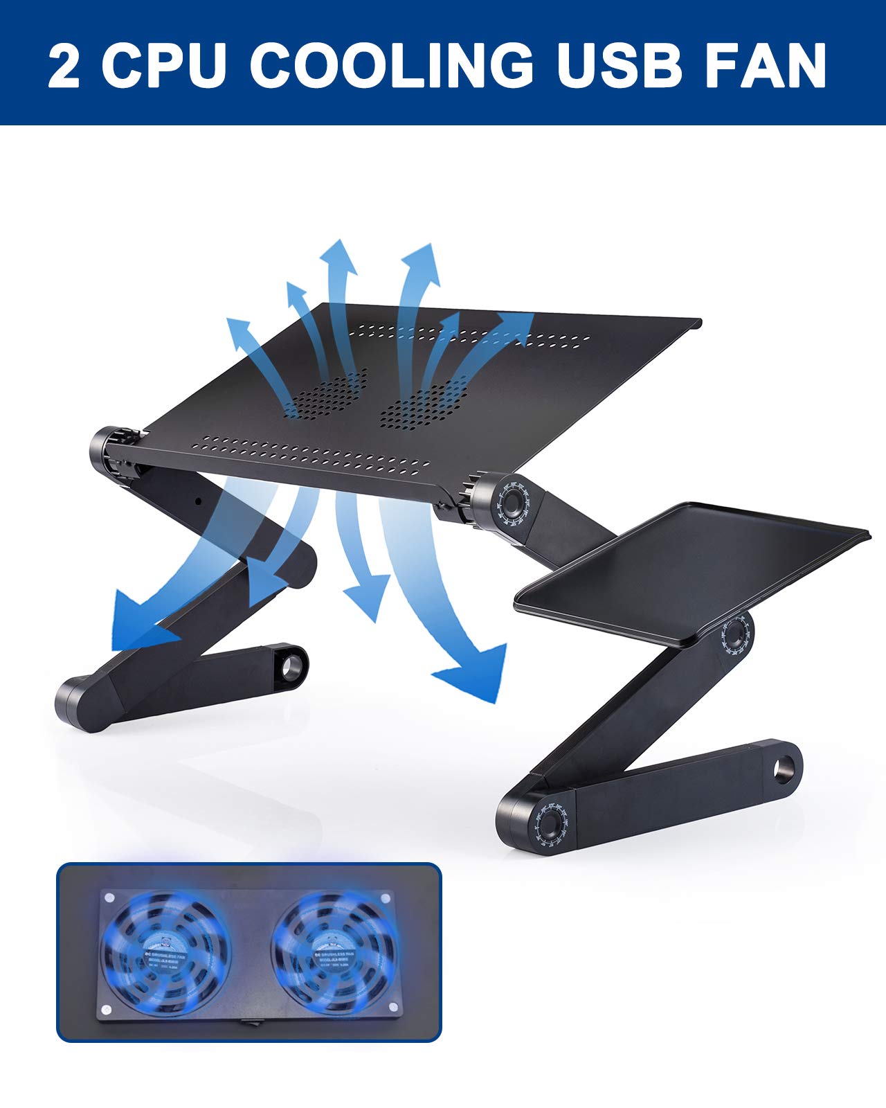 Adjustable Laptop Stand, RAINBEAN Laptop Desk with 2 CPU Cooling USB Fans for Bed Aluminum Lap Workstation Desk with Mouse Pad, Foldable Cook Book Stand Notebook Holder Sofa, Bed Table Office Tray
