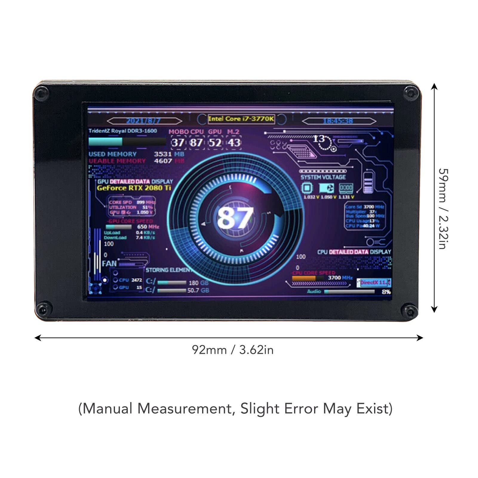 aqxreight Computer RAM Monitor, Customizable Power Saving Eye Protection Various Functions Mini Monitor Sensor Panel 3.5in for Company (with Elbow Line Motherboard Line)