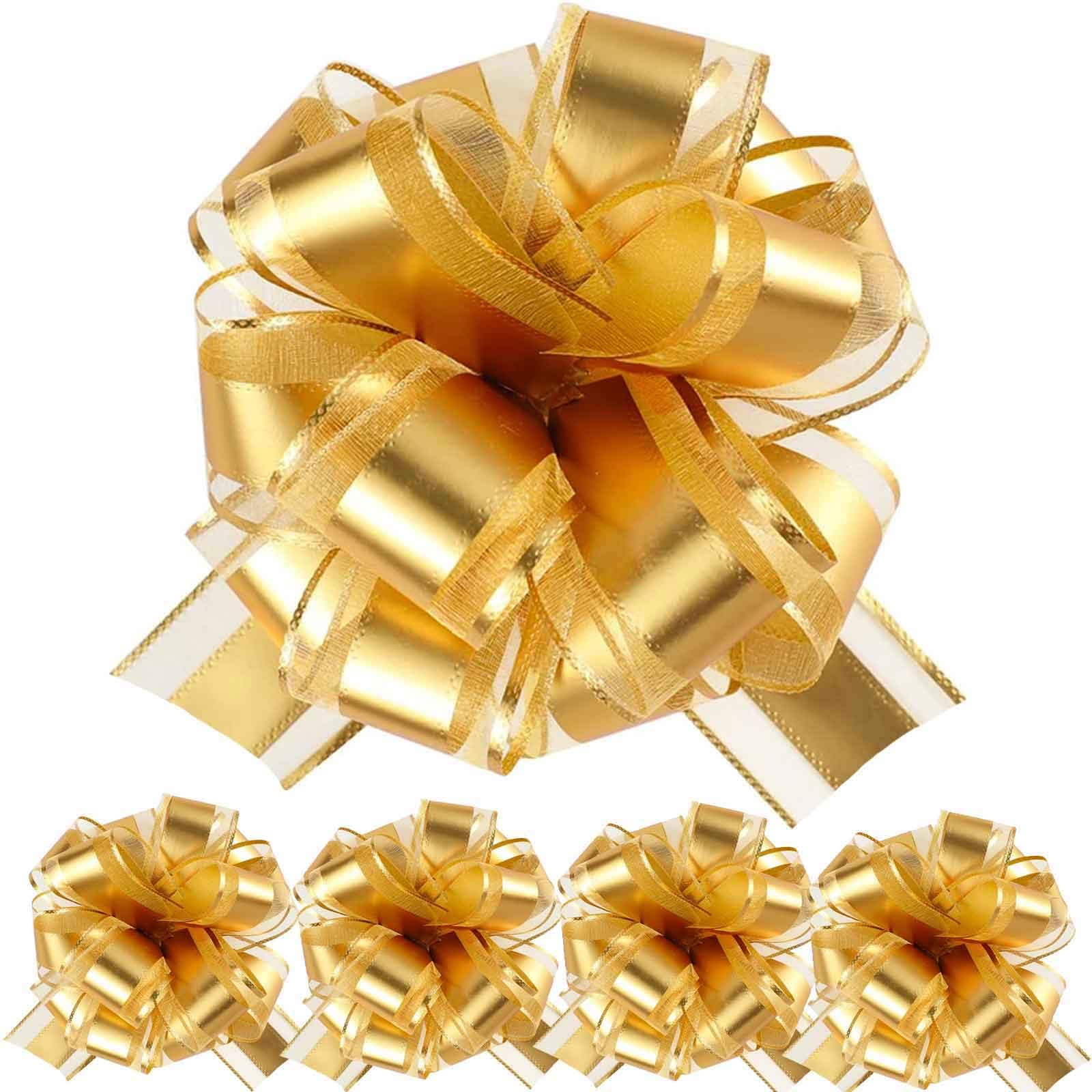 We Moment 5 PCS 7 inches Large Pull Bows Wrapping Pull Bow Ribbon,Gold Gift Wrap Bows for Gift Wrapping Baskets Wedding or Flower Decorations, Valentine's Day Christmas Birthday Gift Decorations