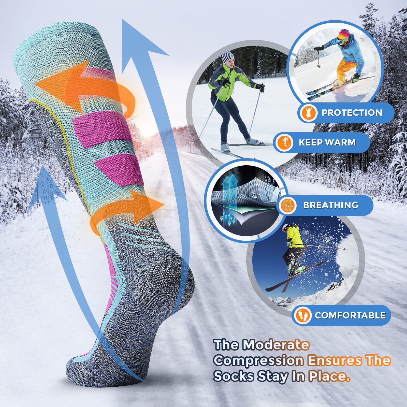 AII Athlete High Performance Unisex Knee Length Ski Socks For Men and Women2 pairs, Winter Performance Socks,Snowboard socks