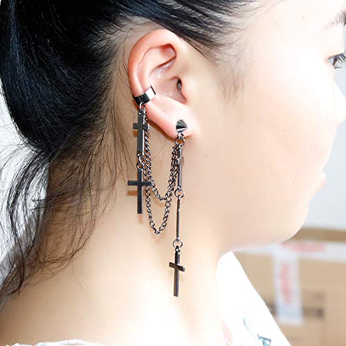 ANDPAI Personalized Multi Layered Long Stainless Steel Cross Chain Dangle Earring Threader Tassel Ear Cuff Black Punk Drop Earring for Women Men Statement Jewelry Gifts (Black)