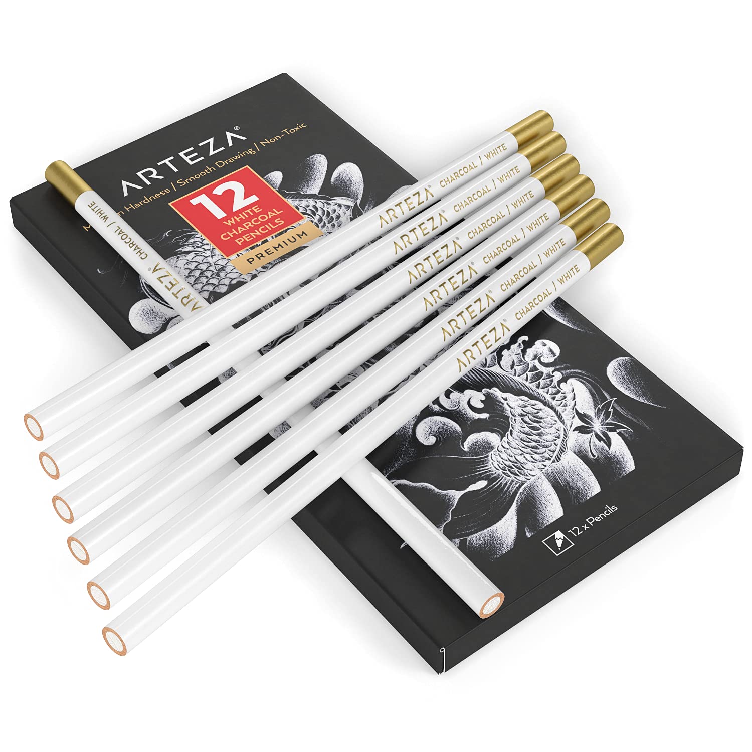 ARTEZA White Charcoal Pencils, Pack of 12, Smooth Medium-Hard Sketching Crayons