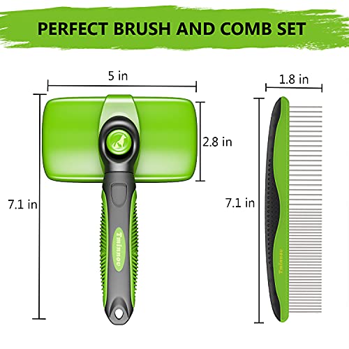 Tminnov Self Cleaning Dog Brush, Dog/Cat Brush for Shedding and Grooming, Deshedding Tool for long/short hair and large/small dogs, cats, rabbits, Gently removes loose and tangled pet hair. (Grooming Brush+Ccomb)