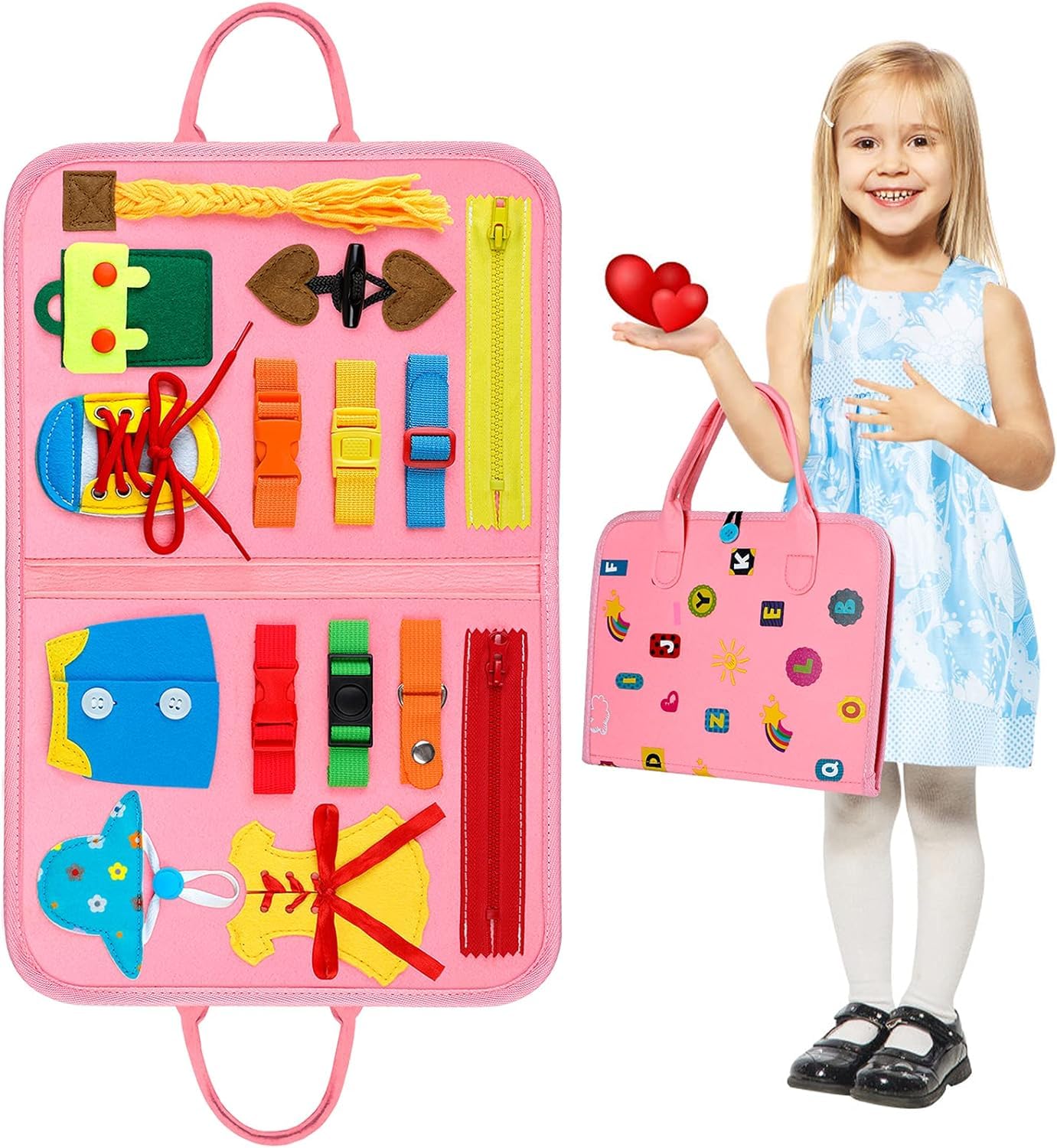 Anpole Toddler Busy Board Montessori Toys Pink Basic Skills Board for Toddlers Dress Learning and ABC Alphabets