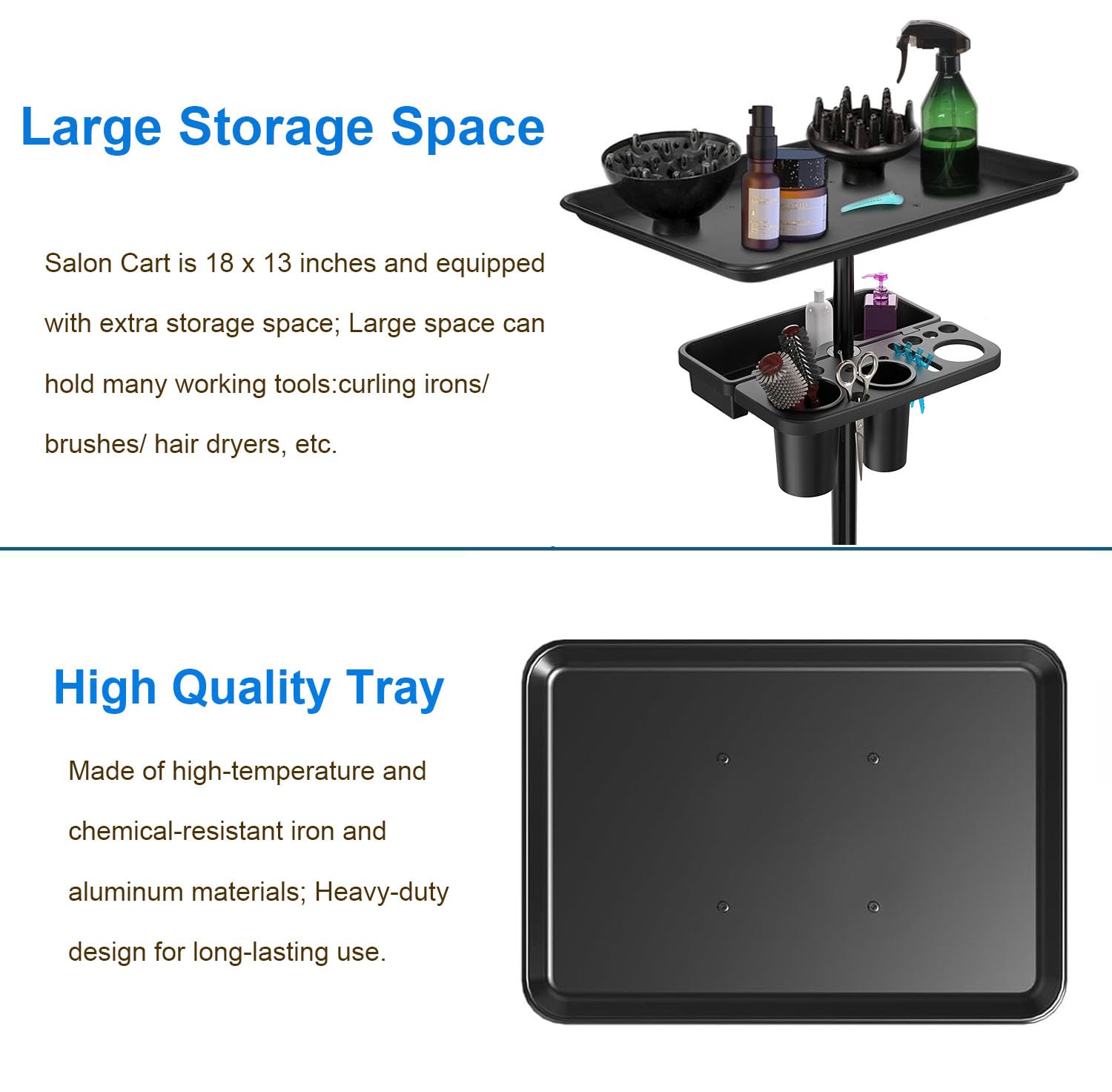 Aratan Salon Tray on Wheels, Instrument Tattoo Tray, Height Adjustable Rolling Storage Tray for Hairstylist Clinic Spa, Black