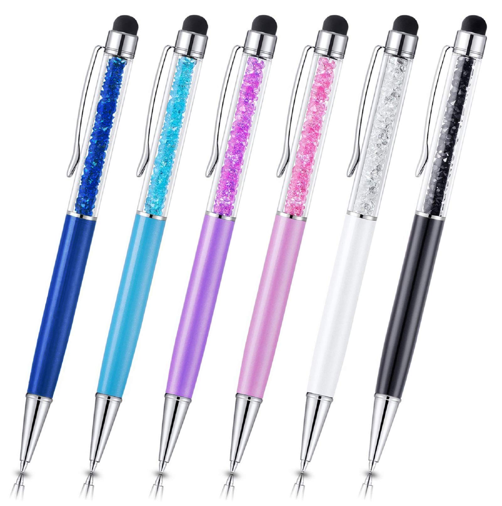 Stylus Pens, Besgoods 6Pcs Crystal 2 in 1 Slim Capacitive Stylus &Ballpoint Pen for Touch Screens, Phones and Tablets, Sky Blue pink Purple Royal Blue Black White