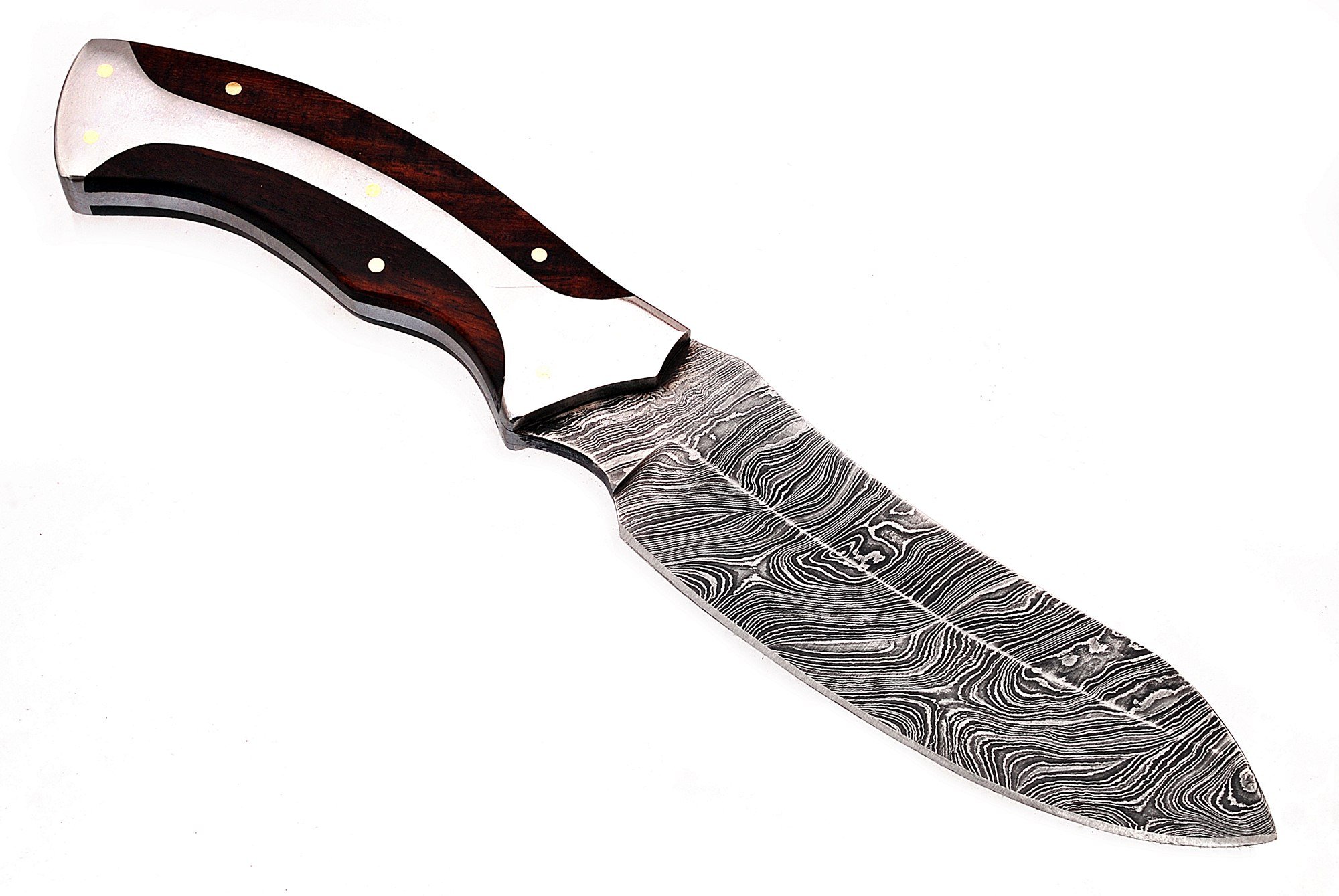 AishaTech Sharky Hand Made Hunting Knife Damascus Steel Blade Wood Brass Handle