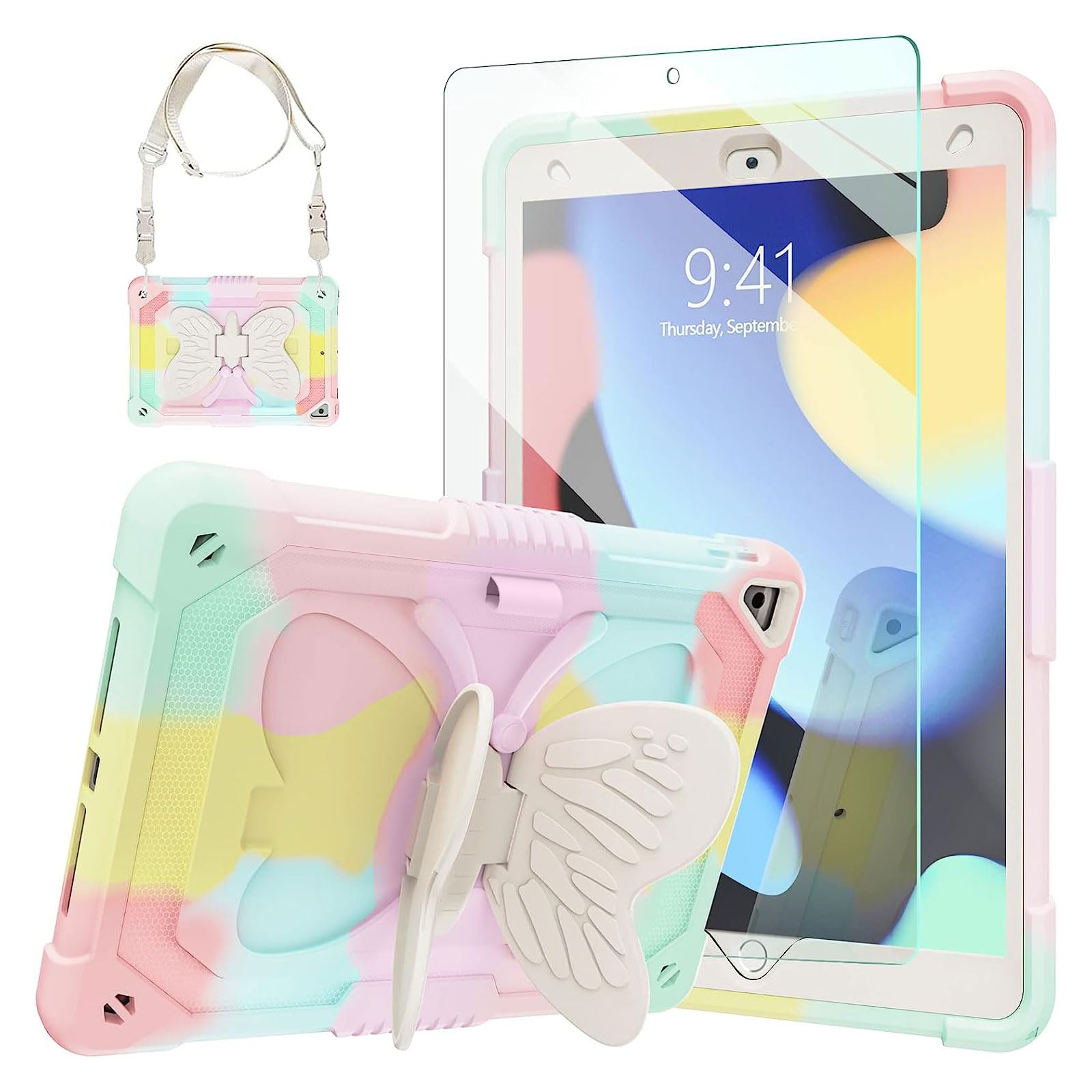 Ambison Case for iPad 9th/8th/7th Generation for Kids Giirls,with 9H Tempered Glass Screen Protector,Cute Rugged Protective Case for iPad 10.2 inch,with Carrying Strap,Kickstand,Pen Holder-Multicolor