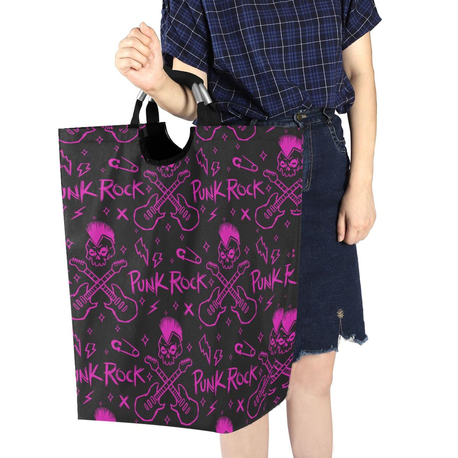 Music-punk-rock-print Laundry Basket With Handles Foldable Toys Storage Organizer For Home Bathroom Bedroom Dorm