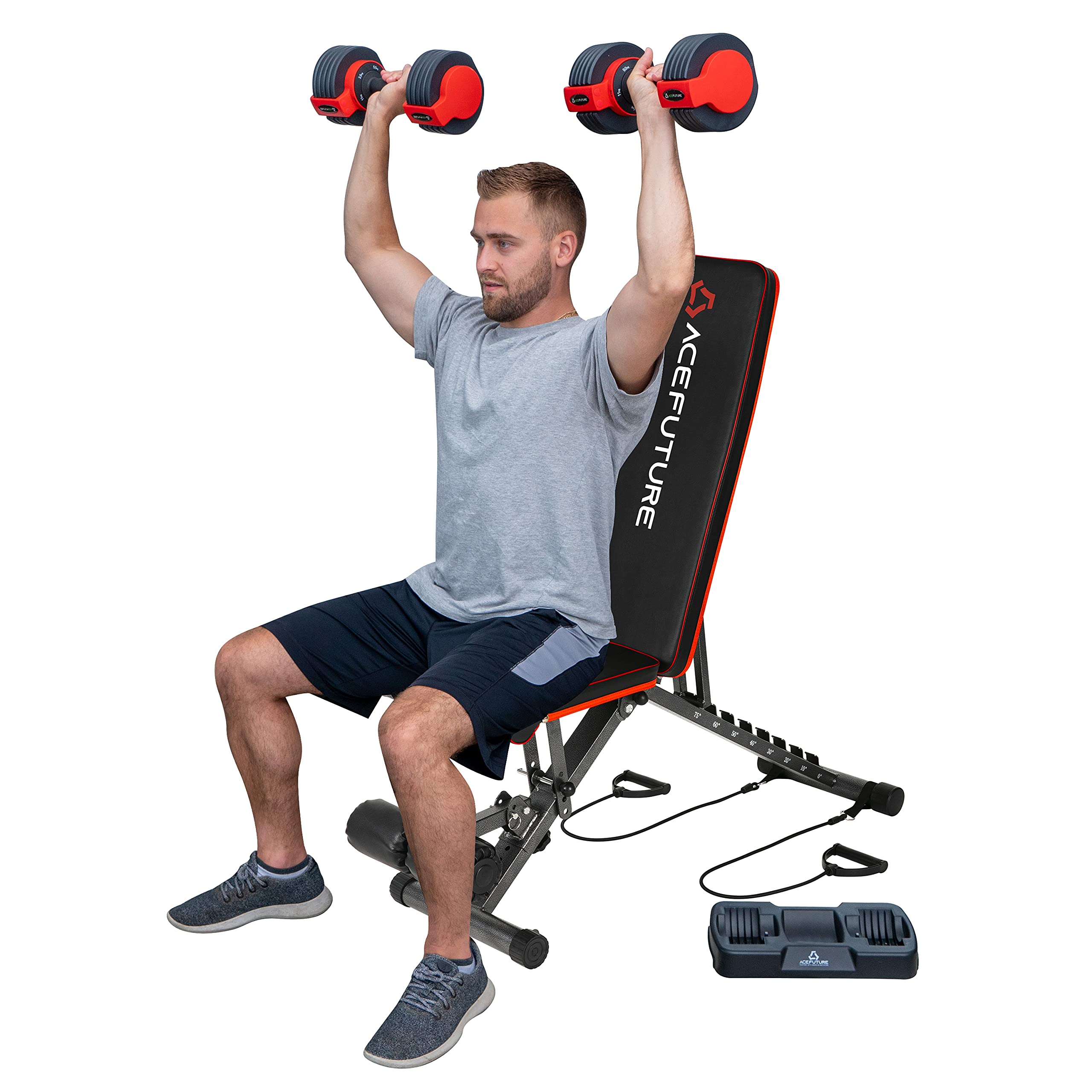AceFuture Weight Bench Adjustable, Foldable Strength Training Bench for Full Body Workout with Resistance Bands, Incline Decline Exercise Equipment for Home Gym Weight Lifting, 272 kg Capacity (gray)