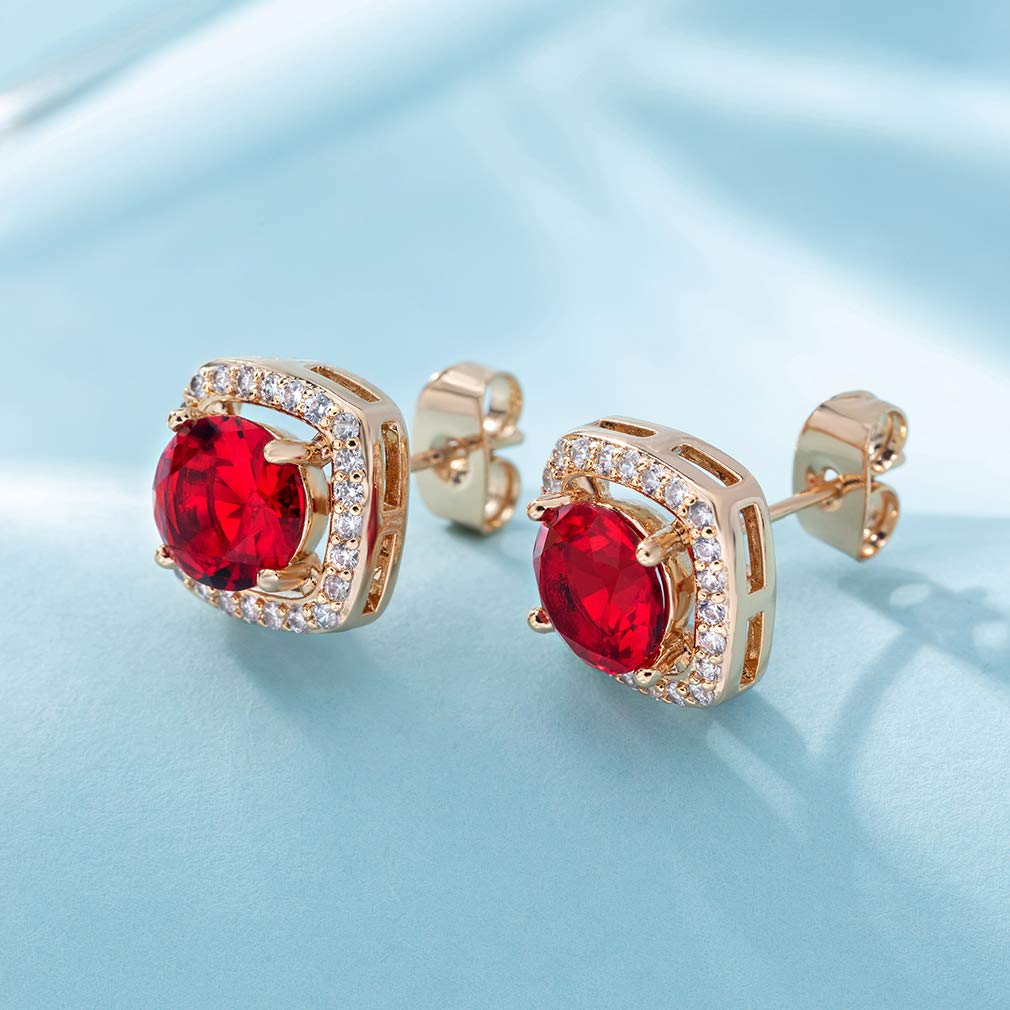 Austrian Crystal Cushion Cut Halo Stud Earrings for Women Fashion 925 Sterling Silver Hypoallergenic Jewelry (Red)