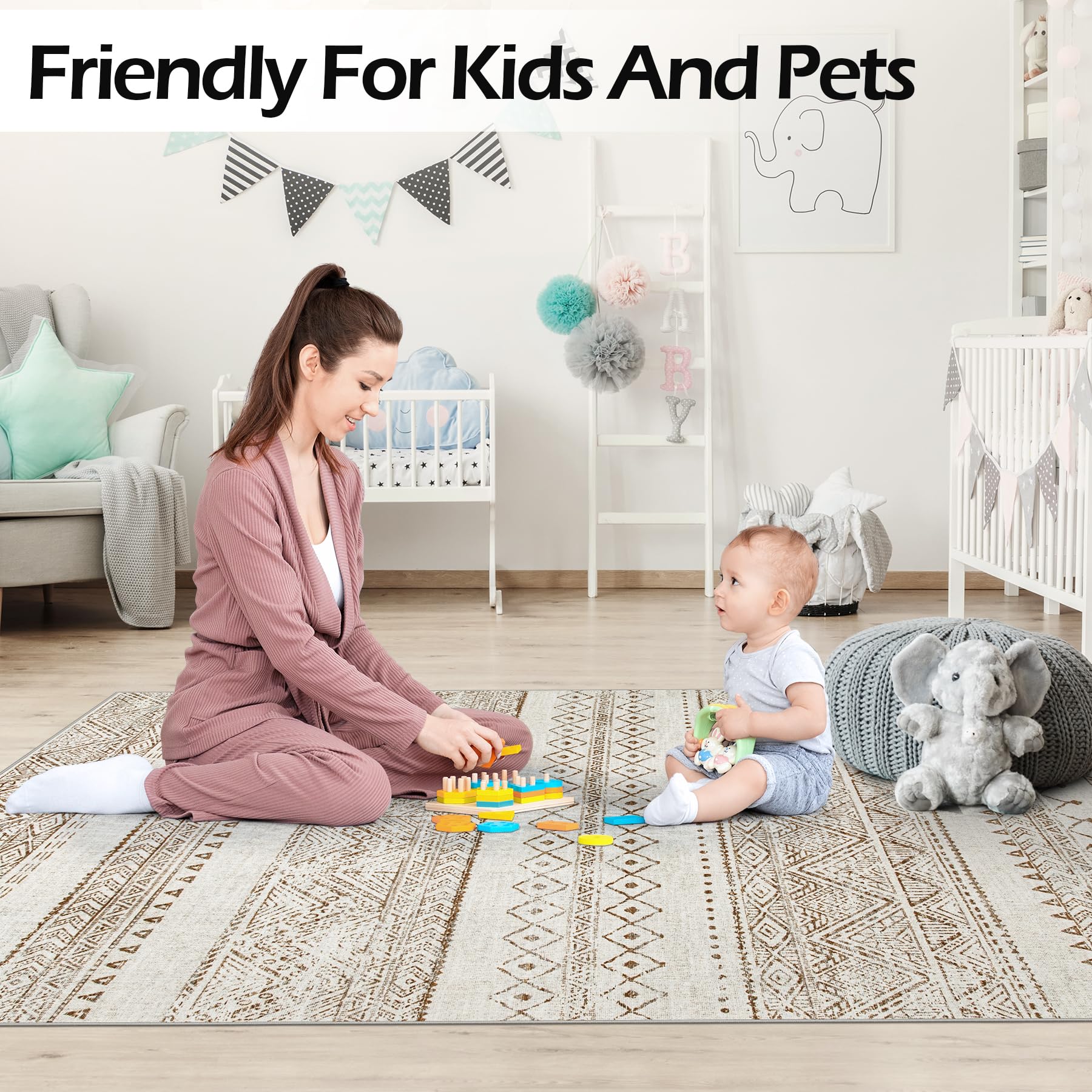 8x10 Area Rugs Living Room Rugs: Large Machine Washable Rug with Non-Slip Backing Non Shedding Stain Resistant, Soft Geometric Moroccan Carpet for Dining Room Nursery Home Office - Brown