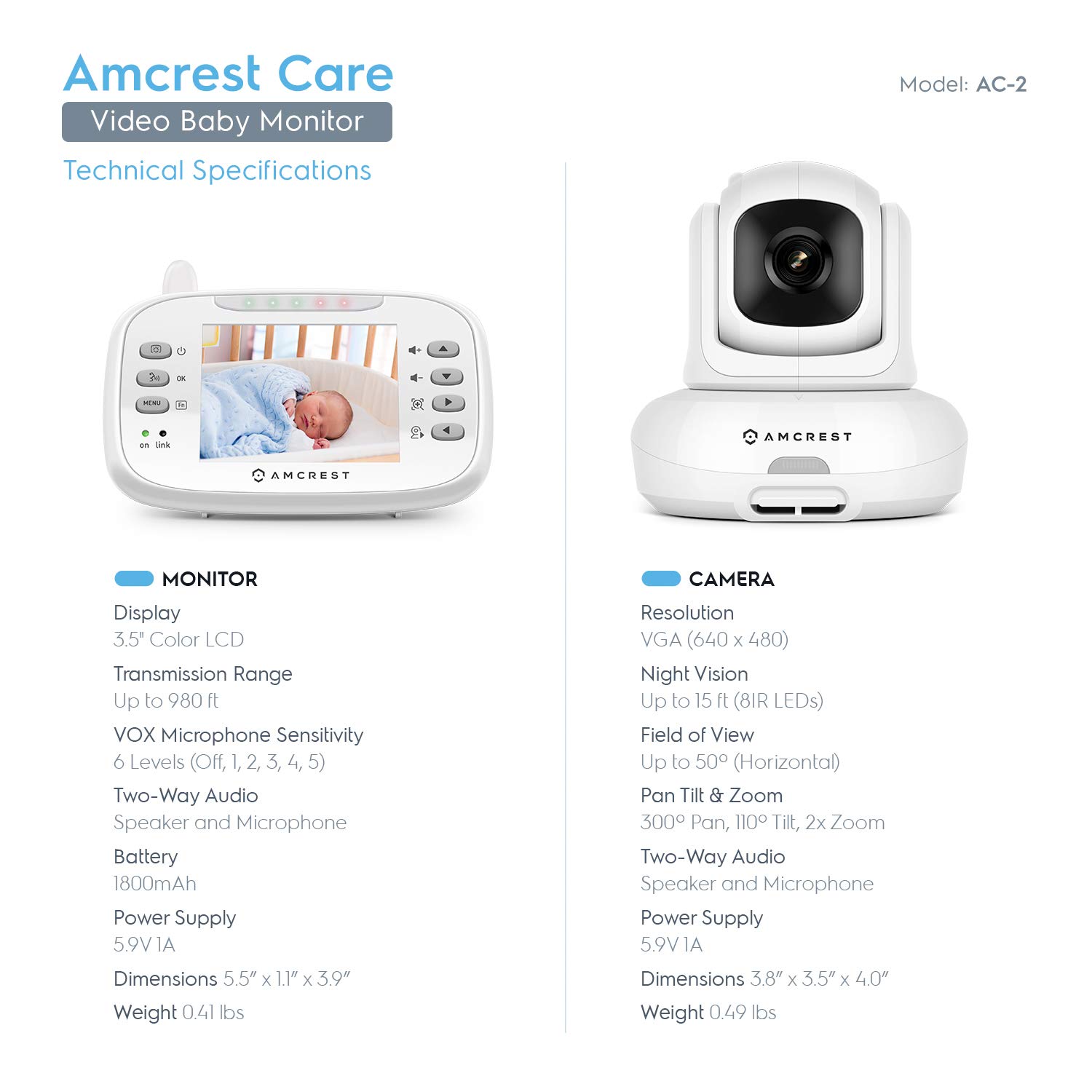 Amcrest AC-2 Video Baby Monitor with Camera and Audio, 3” LCD Display, Two-Way Audio, Temperature and Voice/Audio Alarm, VOX Mode, Pan/Tilt/Zoom Security Camera, Night Vision, 980ft Transmission Range