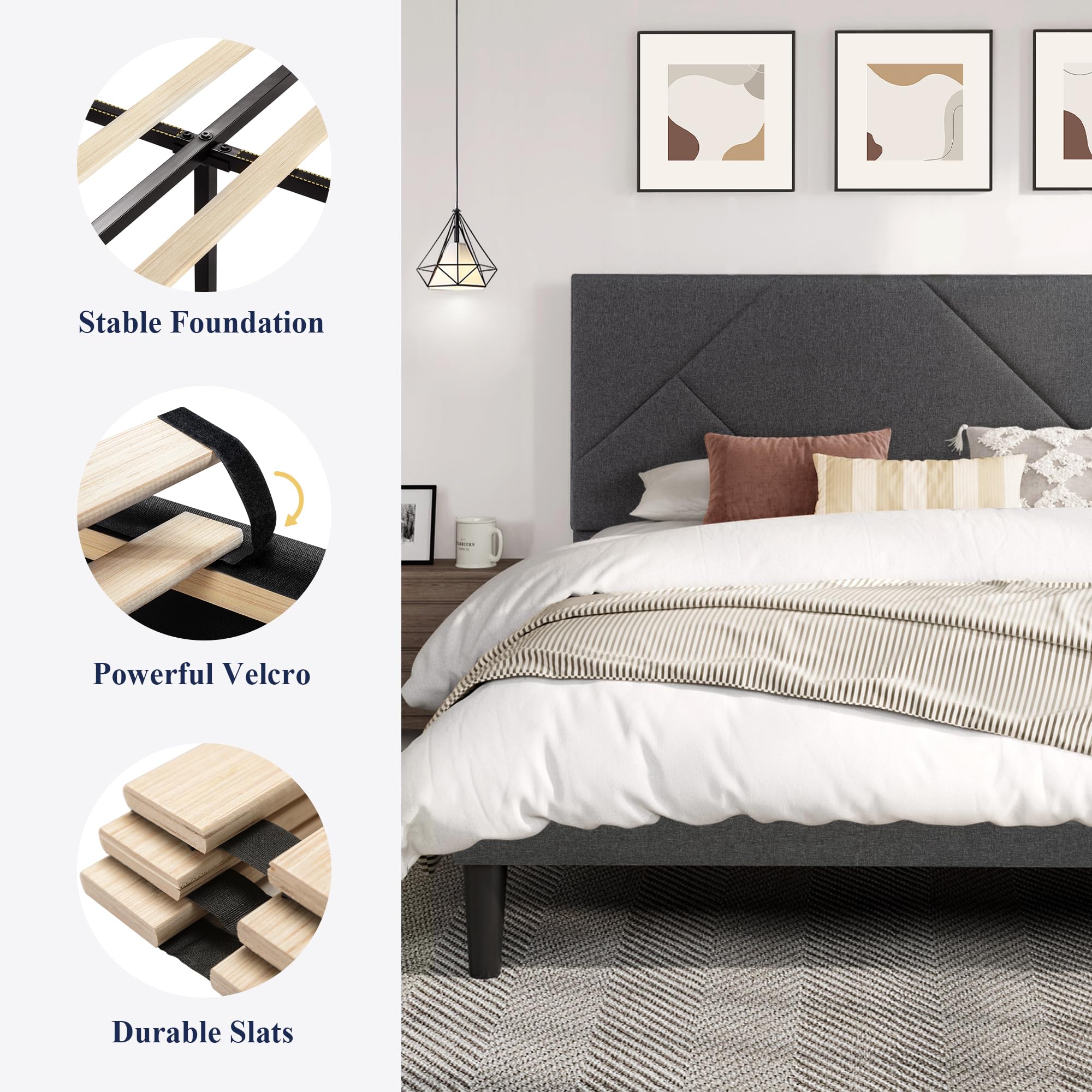 Allewie Full Size Upholstered Bed Frame with Geometric Headboard, Heavy-Duty Platform Bed, No Box Spring Needed, Dark Grey