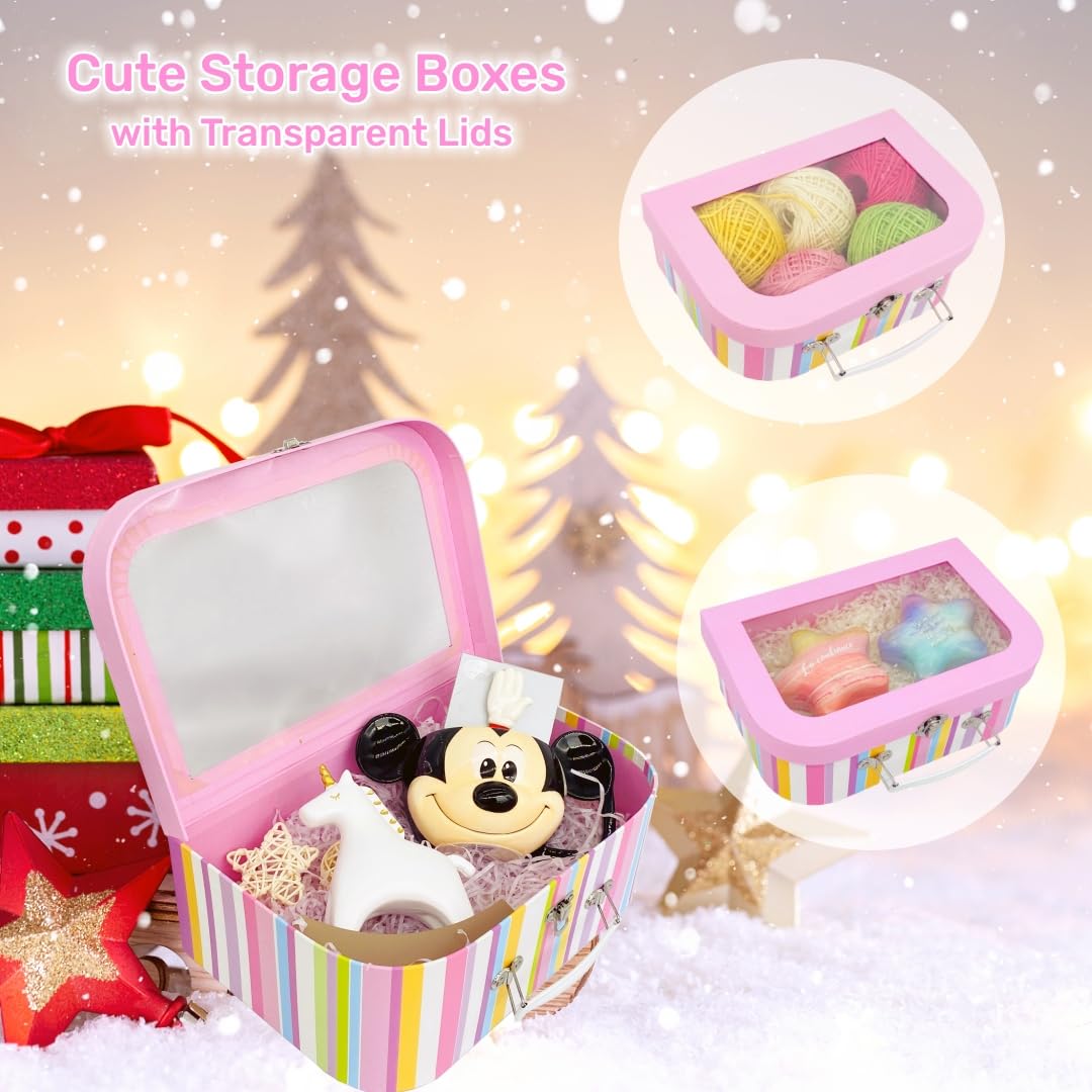 Amedoo Paperboard Suitcases Set of 3 Decorative Storage Boxes, Nesting Gift Boxes with Clear Lids, Mini Suitcases, Cute Boxes be Compatible with Barbie Doll Clothes Toys New Year Decor(Rainbow)
