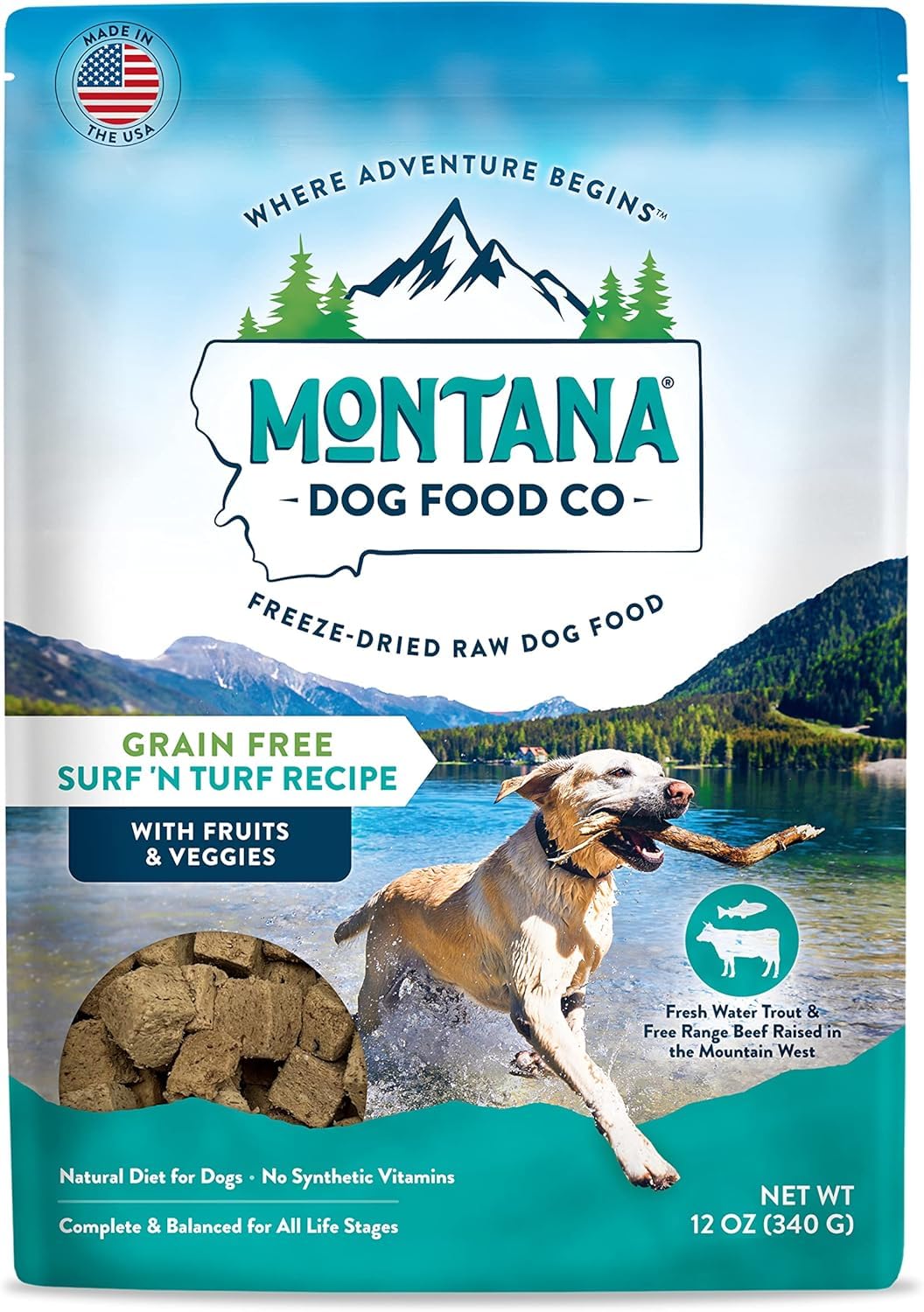 MONTANA DOG FOOD CO. Surf 'n Turf Freeze-Dried Raw Dog Food Topper – Grain-Free, High Protein Meal Enhancer with 100% All-Natural Wild-Caught Fish & Grass-Fed Beef – Premium USA-Made, 12 oz