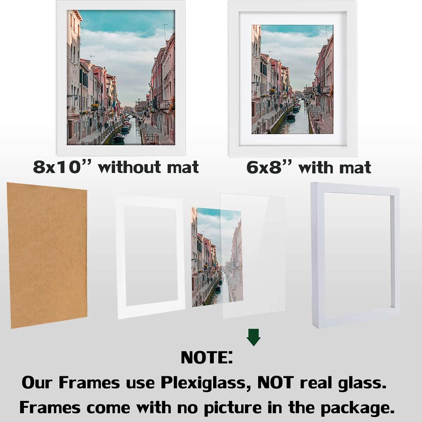 8x10 White Picture Frames Nature Solid Wood 6 Pack for Wall Mounting and Tabletop Display