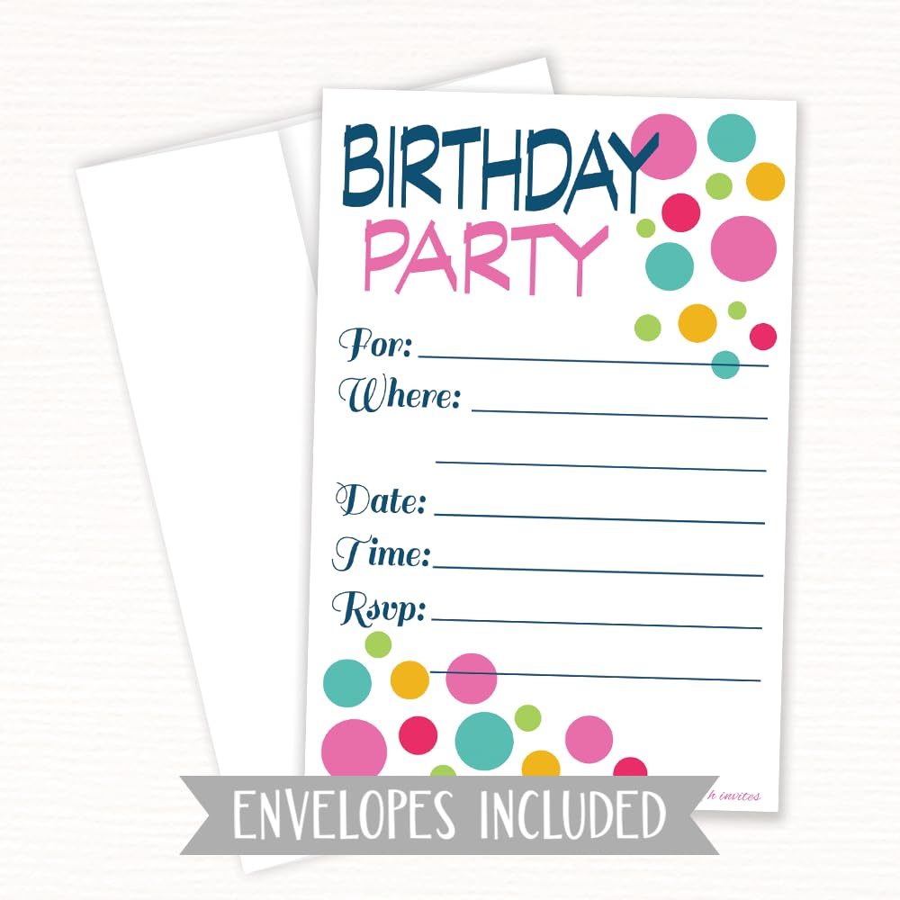 Adult or Teen Birthday Party Invitations Colorful Dots - Fill In Style (20 Count) With Envelopes