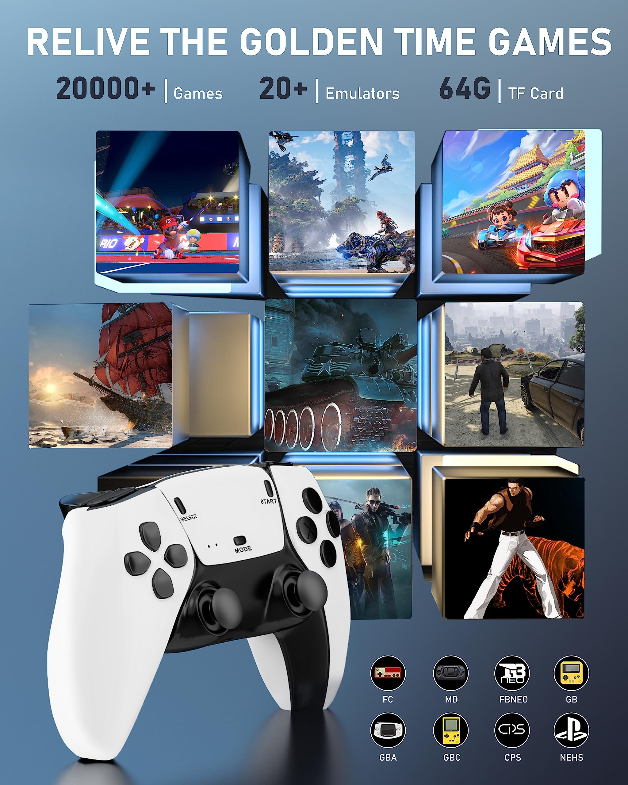 AFU Wireless Retro Game Stick - 20000+ Games, HD Output System Built in 23 Emulators Plug and Play Video Game Consoles with 2.4G Wireless Controllers,64GB TF Card for Gamers of All Ages, White