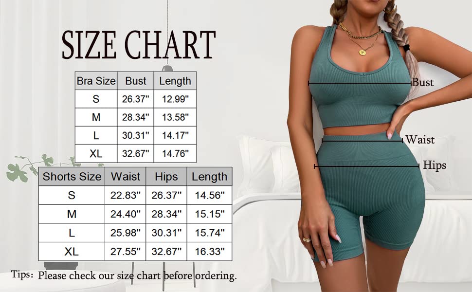 AMCLOS Womens Ladies Girls Workout Tops/Bottoms Sets Seamless Ribbed Two Piece Outfits Summer for Gym Exercise(Black,XL)