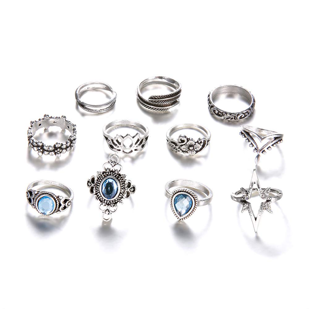 Aimimier 11 Pcs Bohemian Stackable Joint Knuckle Ring Set Carved Flower Star Leaf Gemstone Midi Ring Vintage Finger Rings for Women