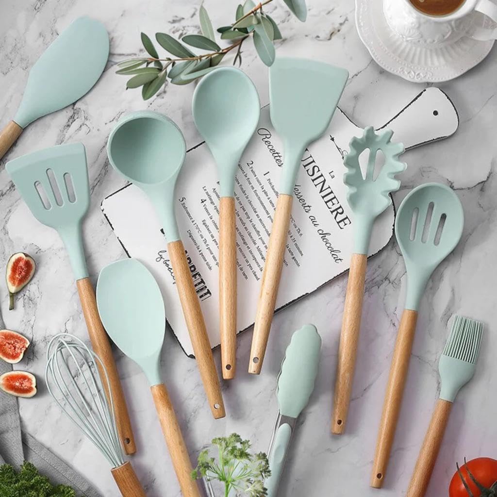 AHASON'S Silicone Cooking Utensils Set, 12 pcs Non-Stick Silicone Cooking Utensils Spatula Set with Holder, Wooden Handle Heat Resistant Silicone Kitchen Gadgets Utensil Set (MINT GREEN)