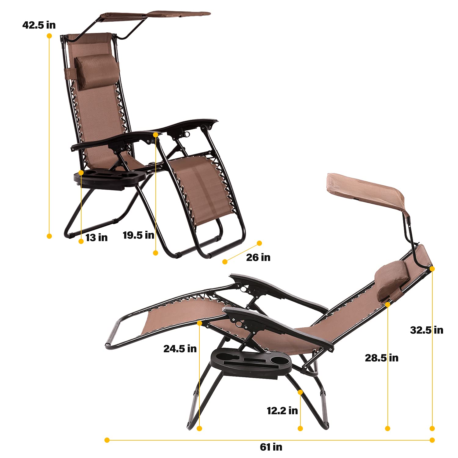 BMS Lounge Chairs with Canopy Cup Holder for Patio Balcony Poolside, Brown