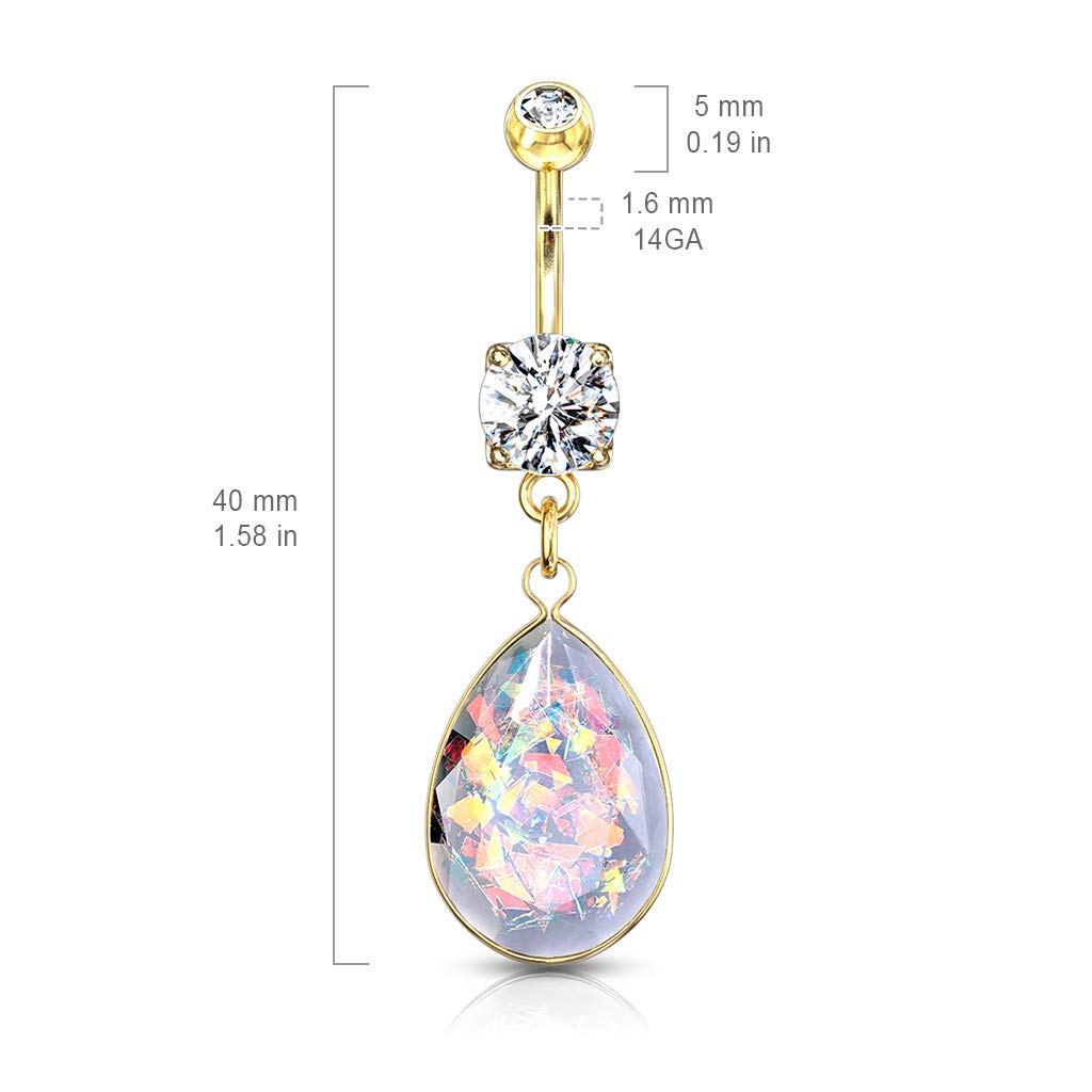 Amelia Fashion 14GA Rainbow Glitter Opalite Stone Dangle Belly Button/Navel Ring 316L Surgical Steel (Choose Color) (Gold/Clear)