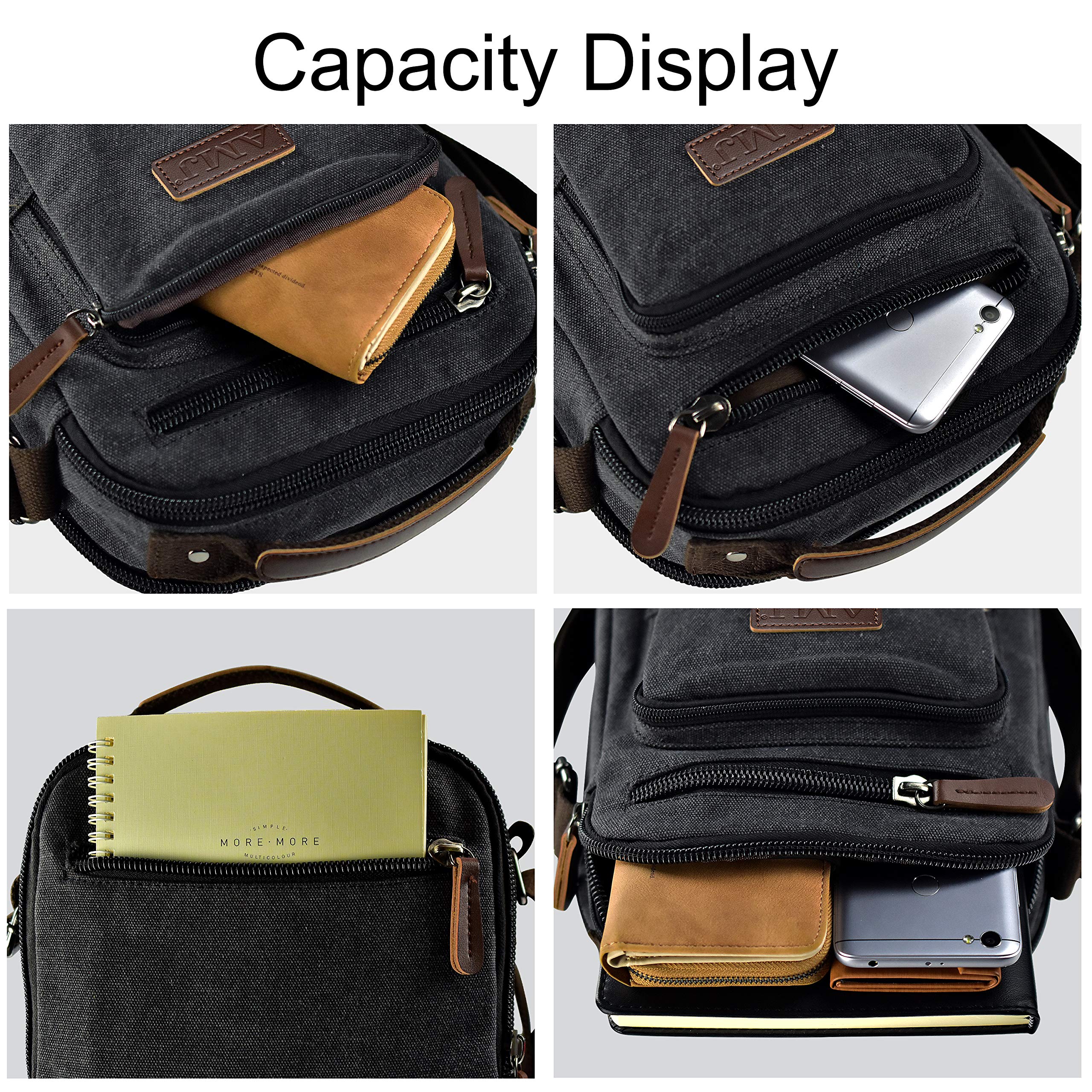 AMJ Small Canvas Messenger Bag, Crossbody Shoulder Bags Vertical Satchel Purse for Travel Work Business Men Women, Black