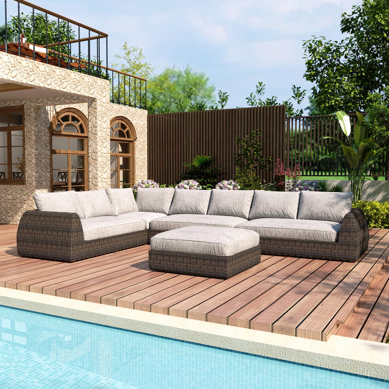 U-MAX 7-Seat Outdoor Patio Deep Seating Lounge Set with Sofa, L-Shape Backyard Patio Furniture Set, Brown Rattan Conversation Sets,Light Grey