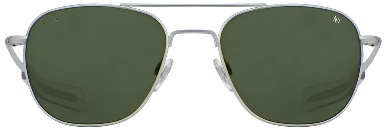 AO Original Pilot Sunglasses - Matte Silver - Calobar Green SkyMaster Glass Lenses - Bayonet Temple - Polarized - 55-20-140