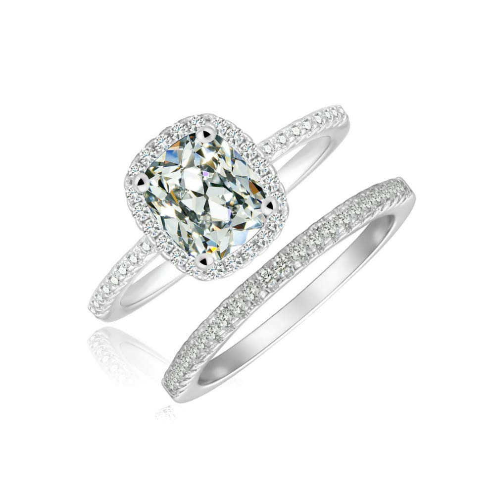 Accented Cushion Cut Halo Engagement Ring Stackable Eternity Wedding Band Micropave Solitaire Bridal Ring Set (7)