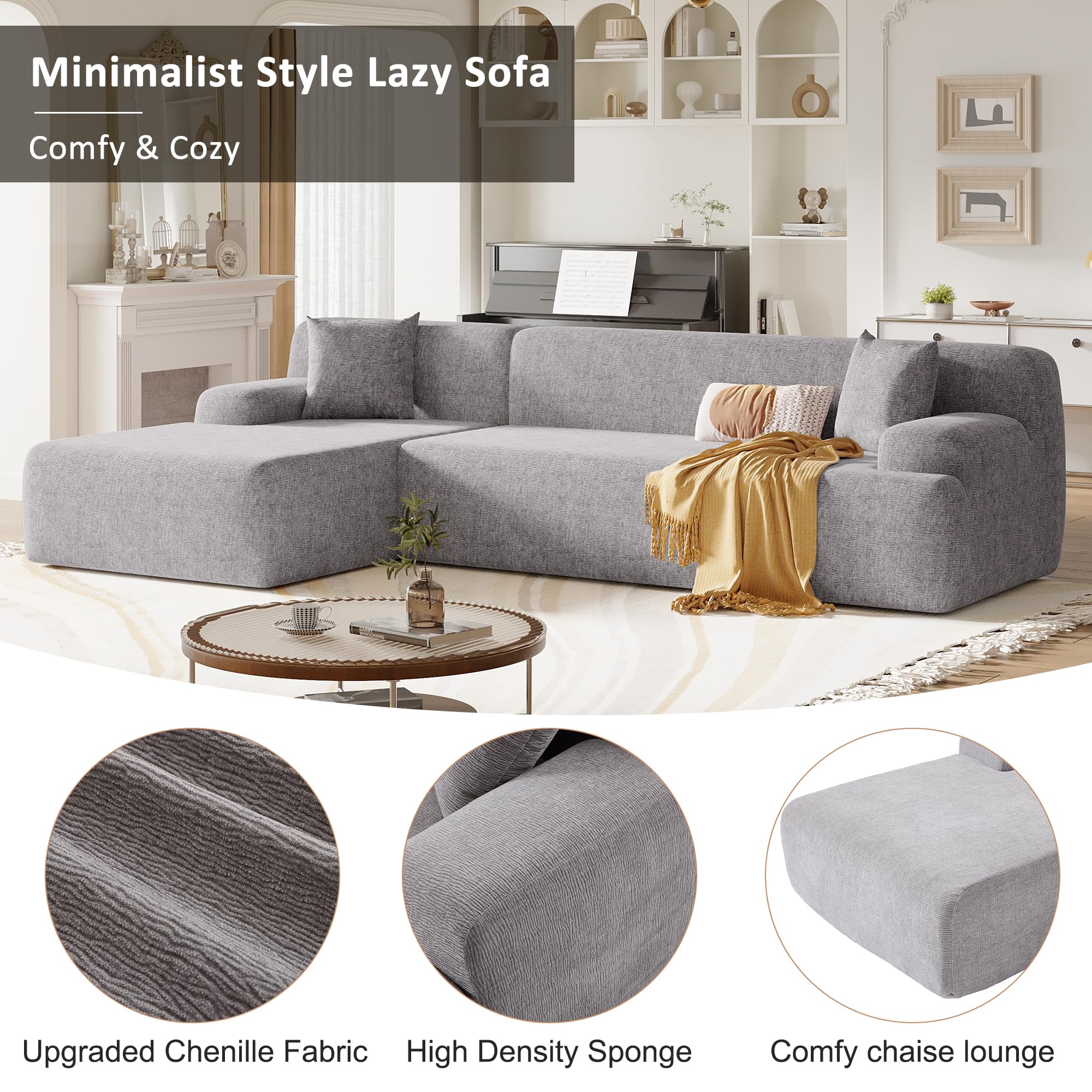 GNIXUU Minimalist Modular Sectional Sofa Cloud Couch, Modern Chenille 2 Pieces Deep Sectional Couches for Living Room, Comfy Upholstered 4-Seater L-Shaped Sofa with Chaise(109" Gray)