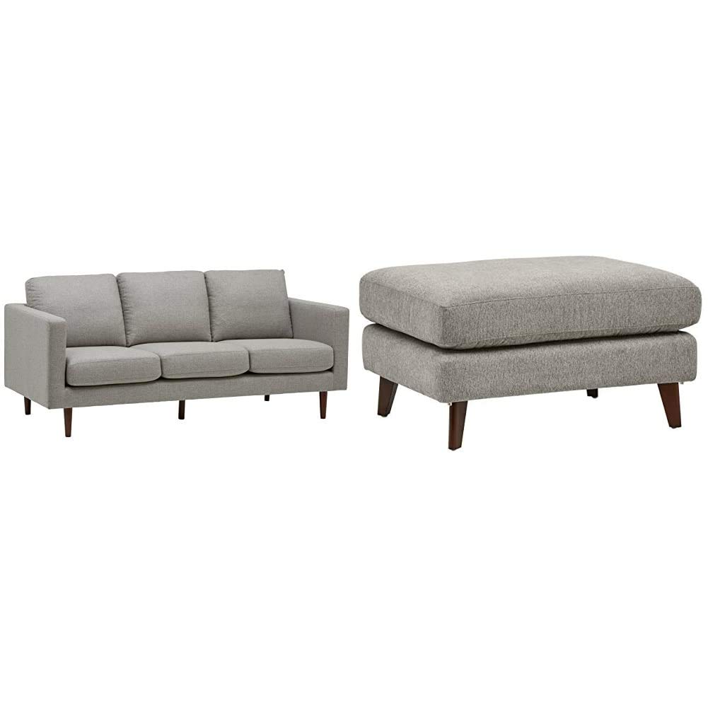 Amazon Brand Rivet Revolve Modern Upholstered Sofa Couch, 80";W, Grey Weave & Sloane Mid-Century Angled Leg Modern Ottoman, 31.9";W, Pebble