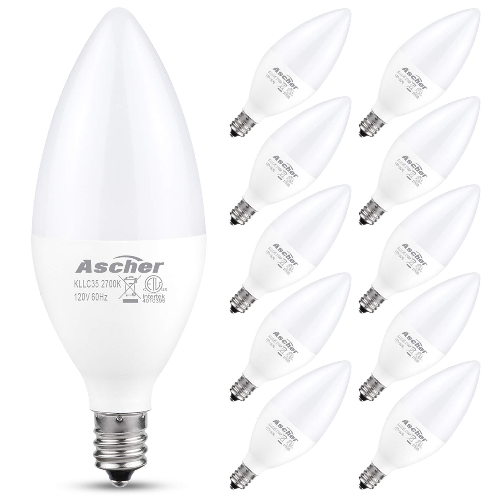 Ascher Classic E12 LED Candelabra Light Bulbs, Equivalent 60W, 550 Lumens, Warm White 2700K, Chandelier Bulb, Non-dimmable, Candelabra Base, Pack of 10