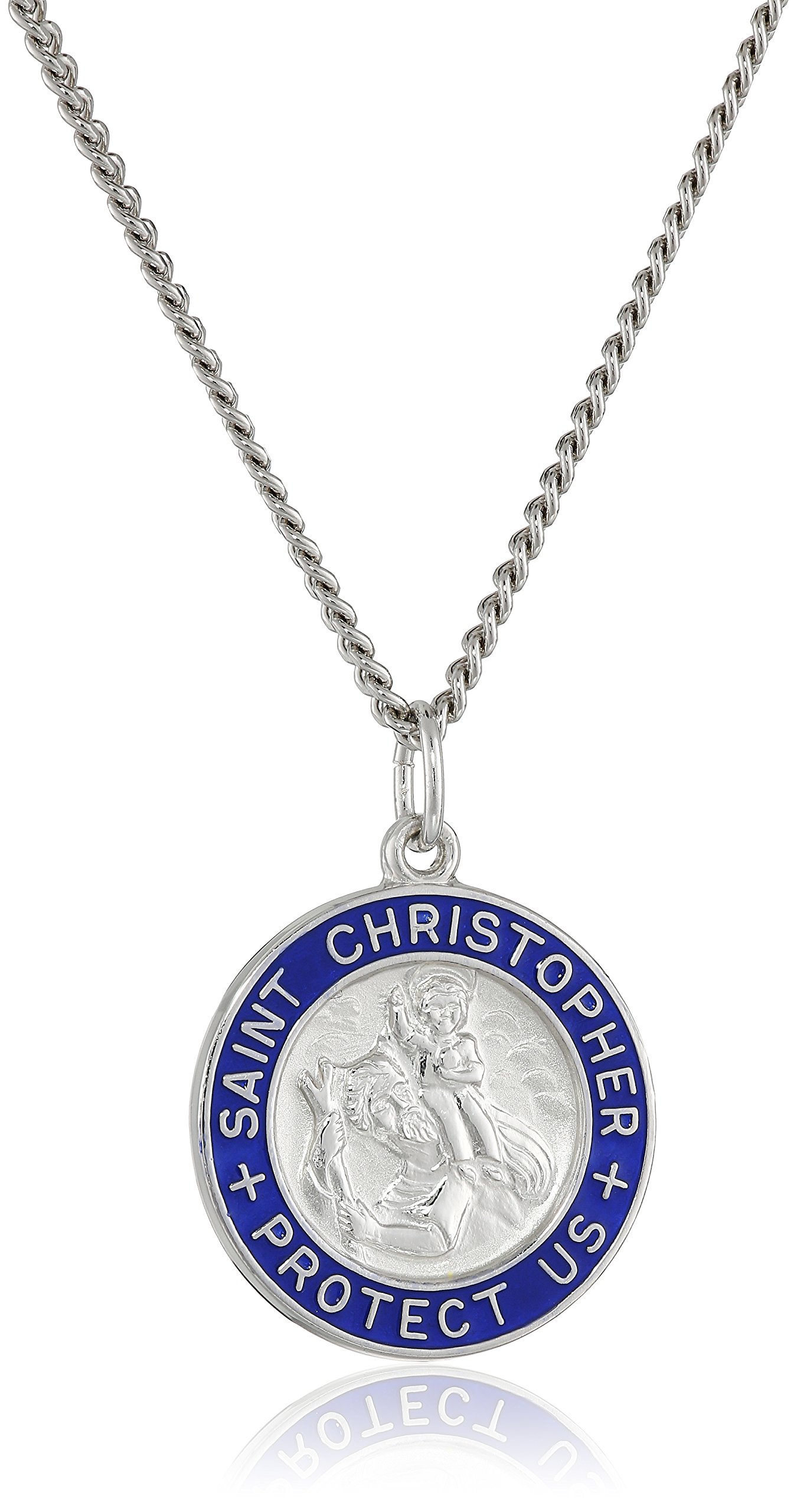Amazon Collection women Sterling Silver Round Saint Christopher Medal Pendant Necklace with Blue Epoxy Edge and Rhodium Plated Stainless Steel Chain, 20"