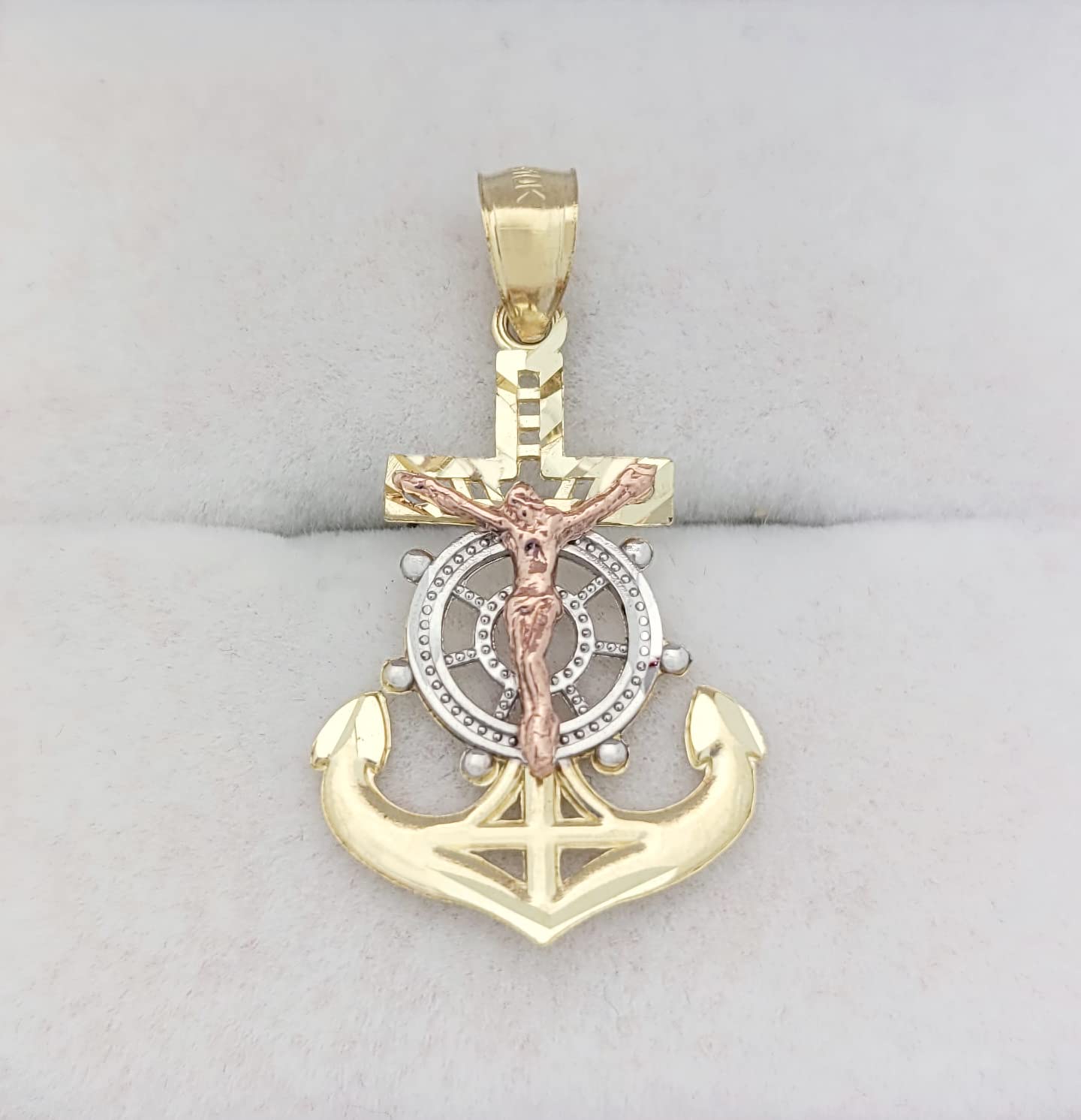 AMZ Jewelry 10K Tri Tone Gold Mariners Anchor Charm Cross Pendant