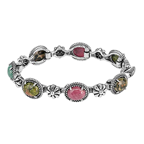 American West Sterling Unakite, Rhodonite, Jasper and Green Turquoise Gemstone Link Bracelet Size Small