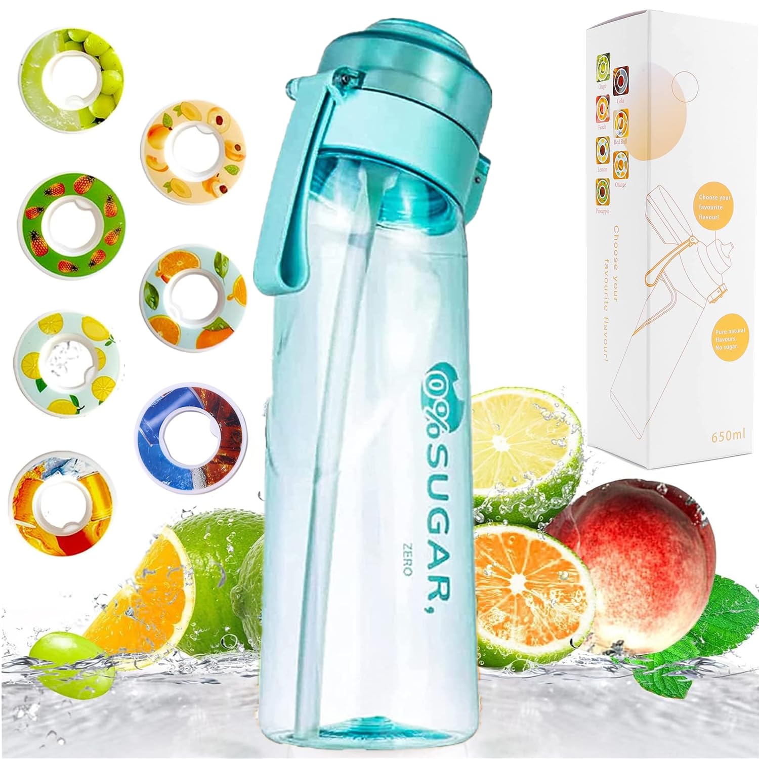Air Water Bottle with 7 Flavor Pods, 650ML Fruit Fragrance Water Bottle, 0% Sugar Water Cup BPA Free, Sports Water Cup Suitable for Gym and Outdoor Sports (Blue)
