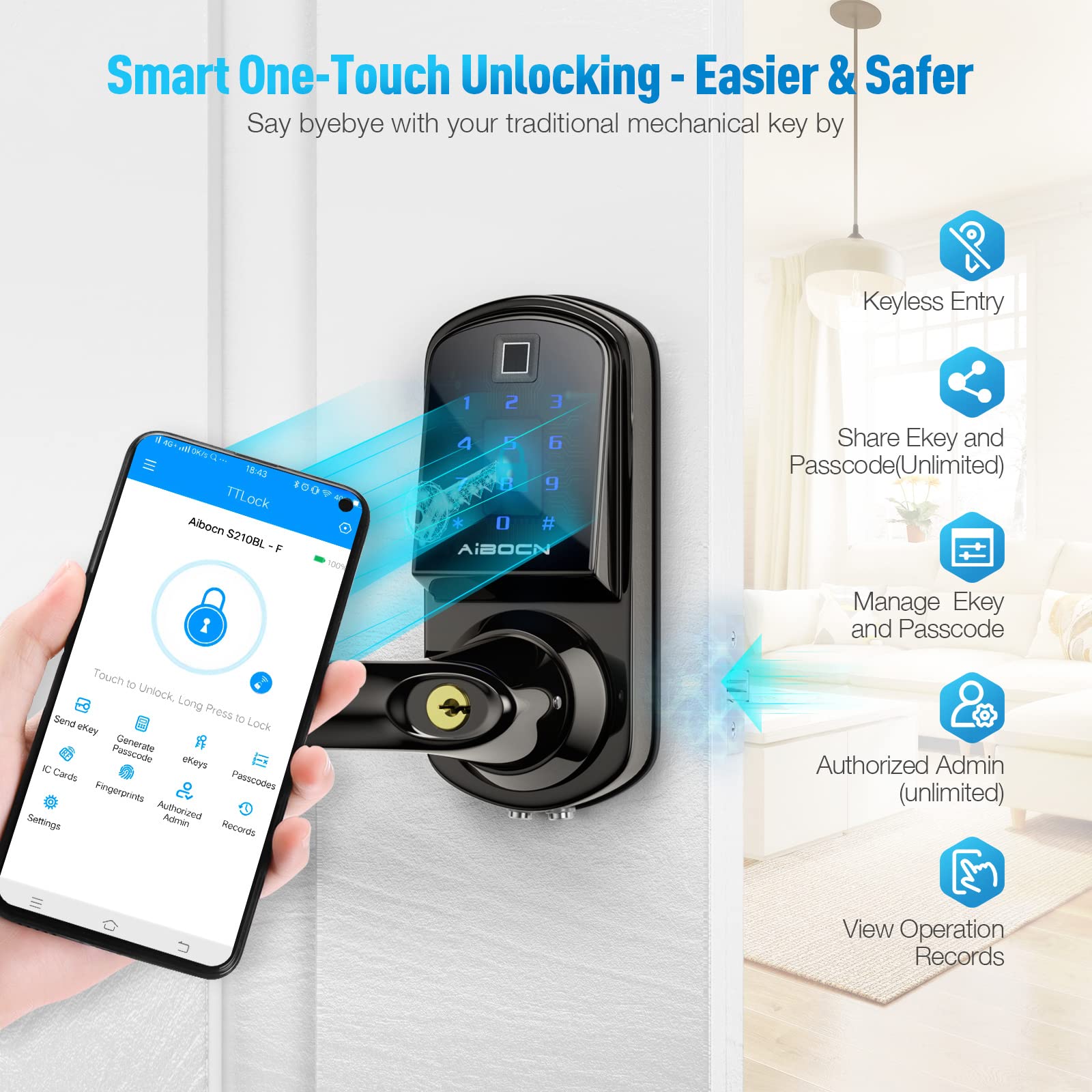 Aibocn Smart Lock, Keyless Entry Door Lock with Bluetooth, Touchscreen Keypad Deadbolt Lock with App, Fingerprint, IC Card, Code, Easy to Install for Home Hotel Apartment, Reversible Door Lever