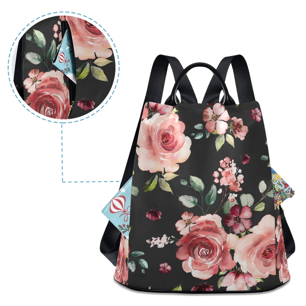 ALAZA Rose Flowers Floral Black Backpack Purse with Adjustable Straps