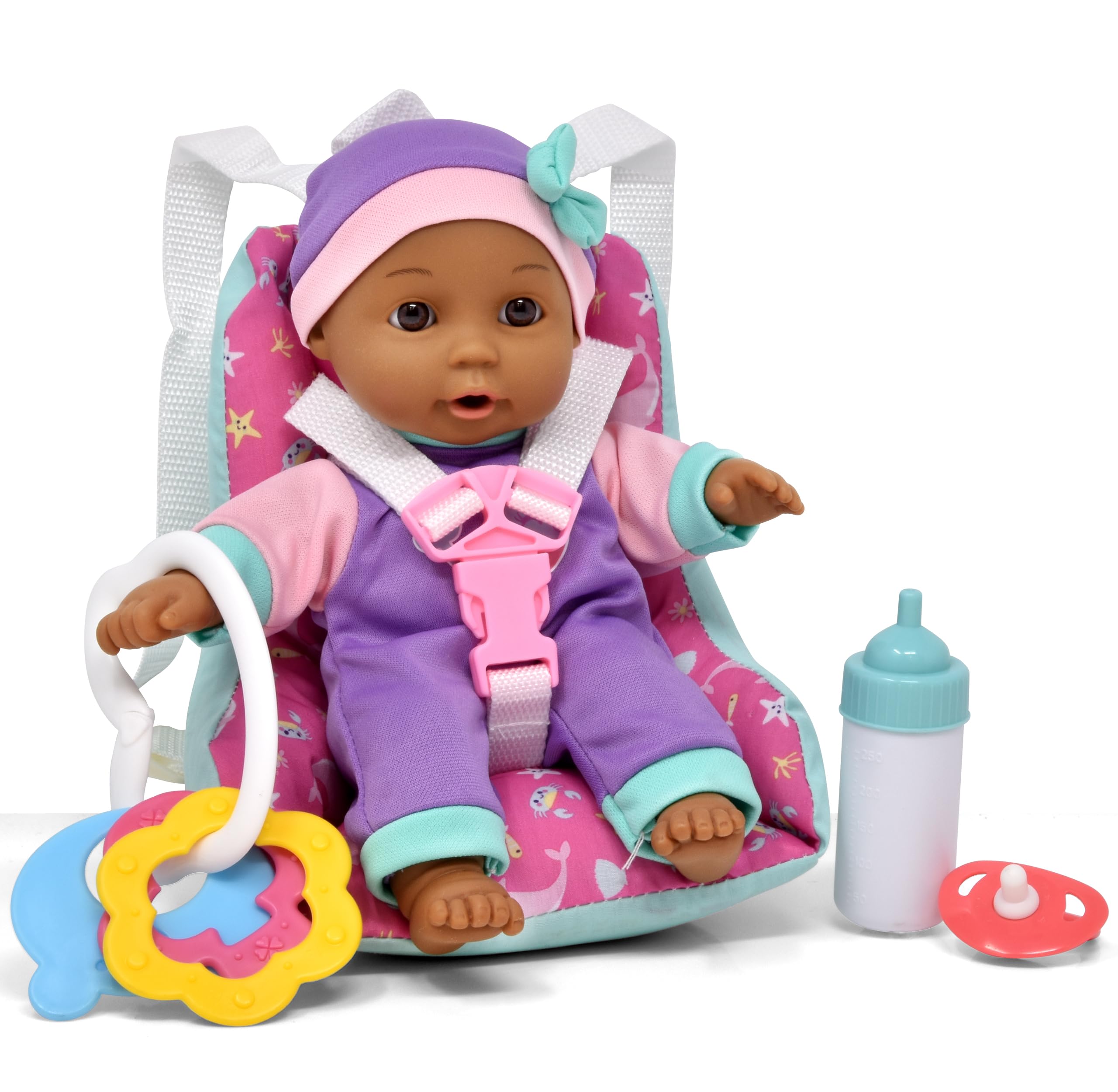 Dolls To Play Baby Doll Car Seat with Toy Accessories, Includes 10 Inch Soft Body Baby Doll, Booster Seat Carrier, Rattle Toy, Bib and Bottle, A Travel Gift Set for Toddlers Infants Girls and Boys