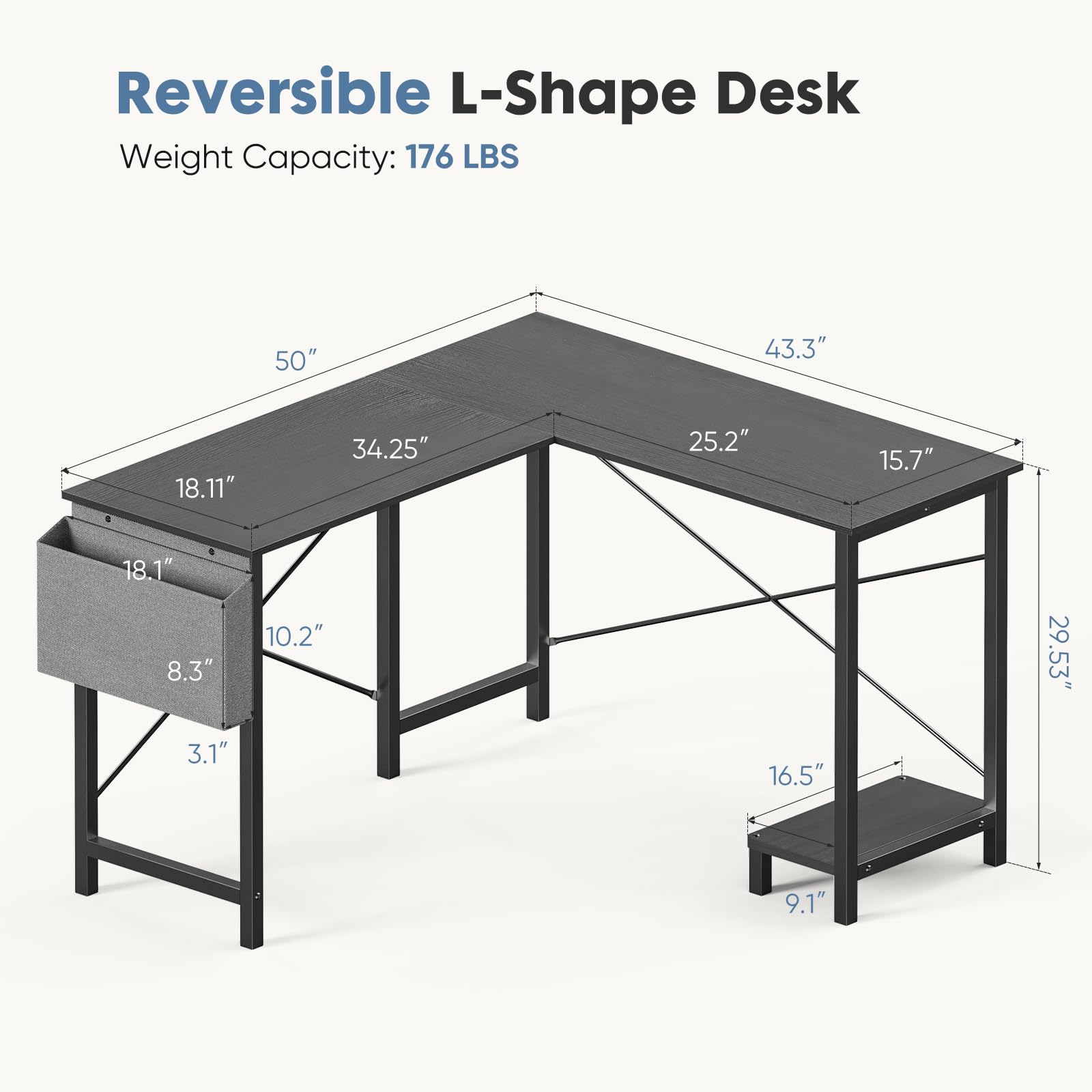 DUMOS L Shaped Computer Desk PC Gaming Table with Side Storage Bag for Home Office Small Spaces, 50 Inch, Black