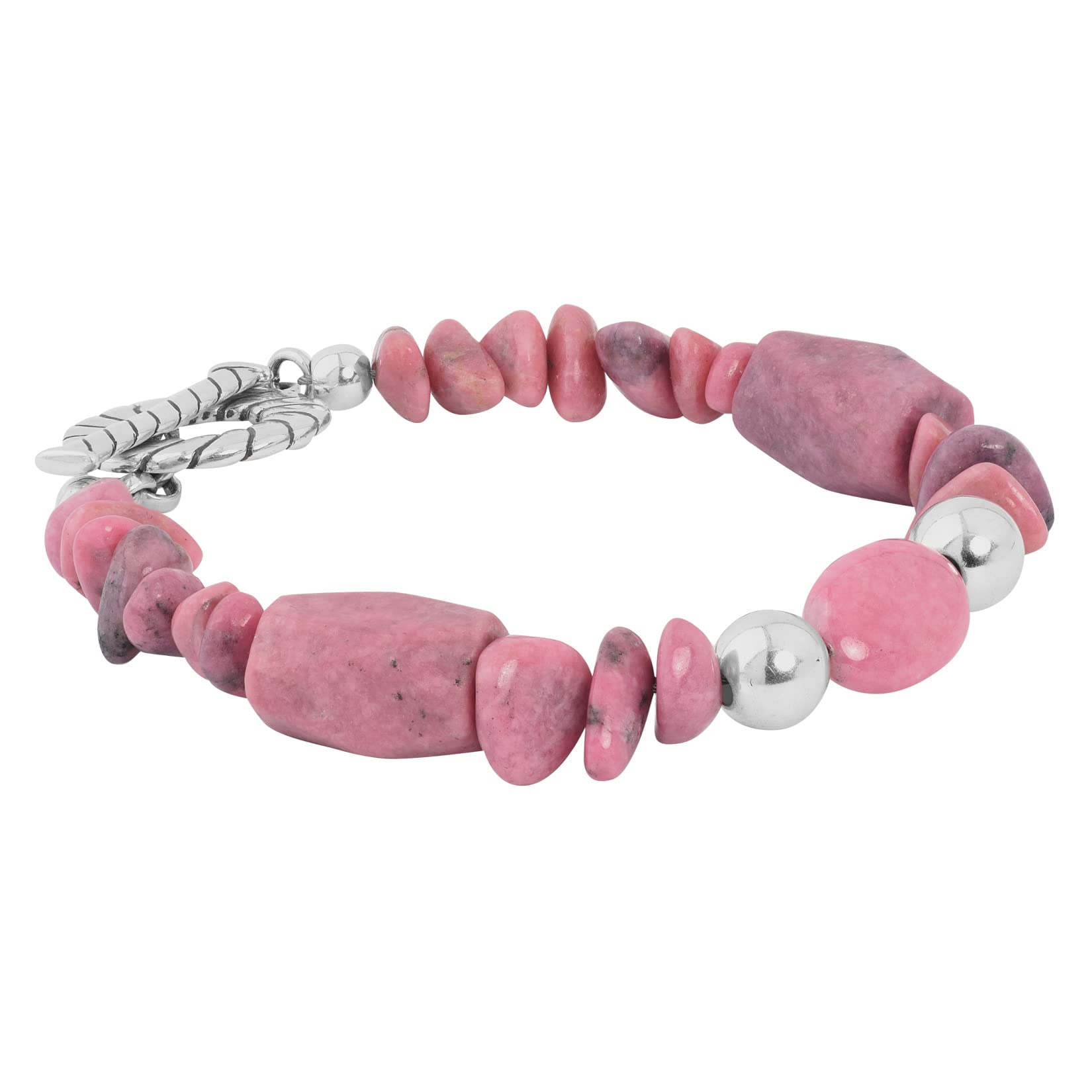 American West Sterling & Pink Rhodonite Gemstone Beaded Toggle Bracelet Sizes A